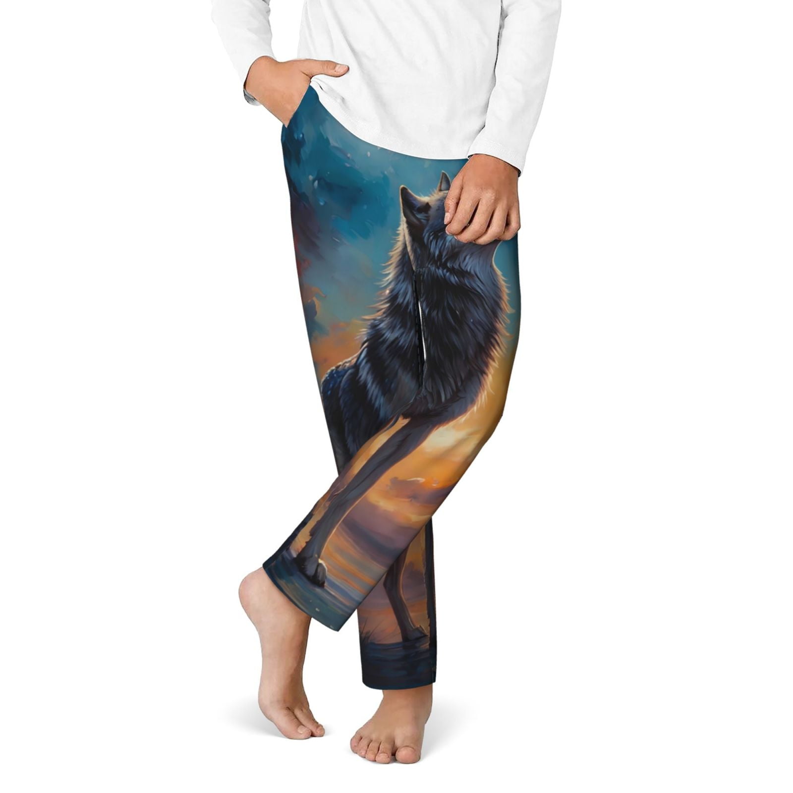 Qekee Moonlit Night Sky Wolf Print Kids Pajama Pants, Teenagers' Bottom Sweatpants with Pockets ...