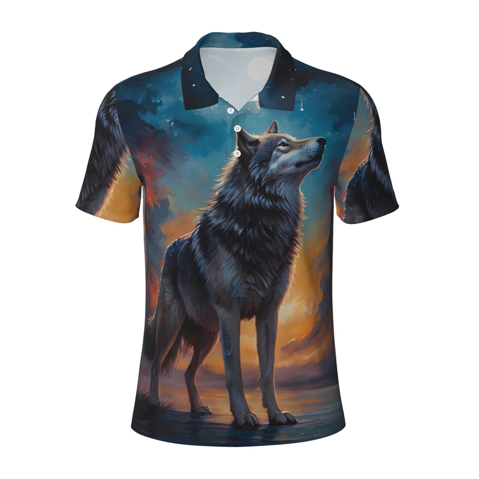 Qekee Moonlit Night Sky Wolf for Mens Polo Shirts Casual Short Sleeve ...