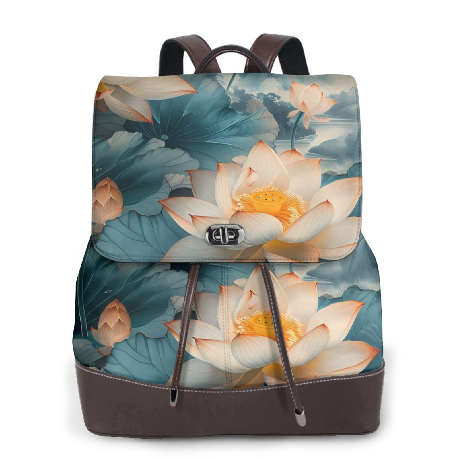 Qekee Mountain Lotus Serenity Print Leather Backpack Purse for Women ...