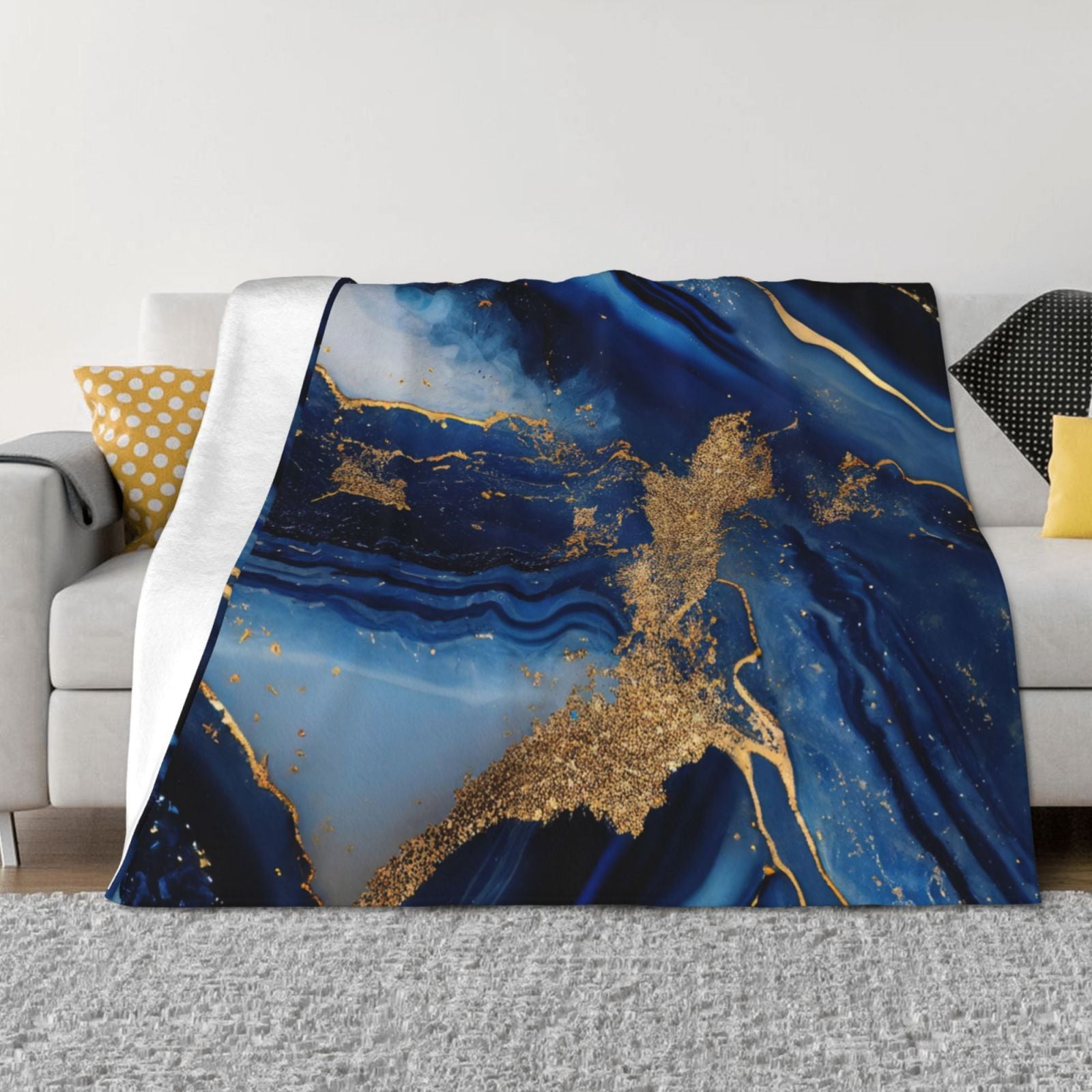Qekee Navy Blue Marble Print Throw Blanket, Flannel Home Decor, All ...