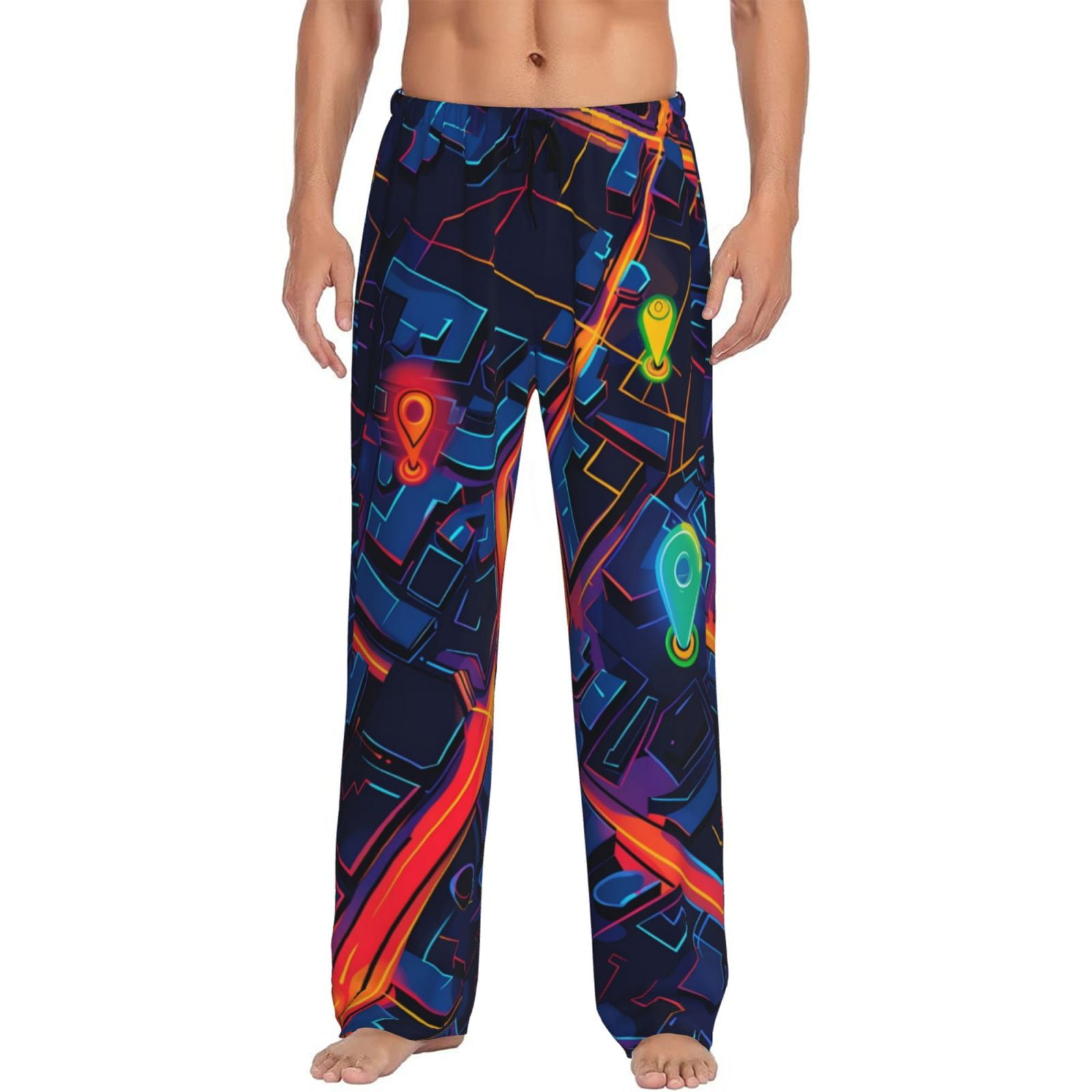 Qekee Neon City Map Pattern Men's Straigh Pajama Pant，Lounge Pants ...
