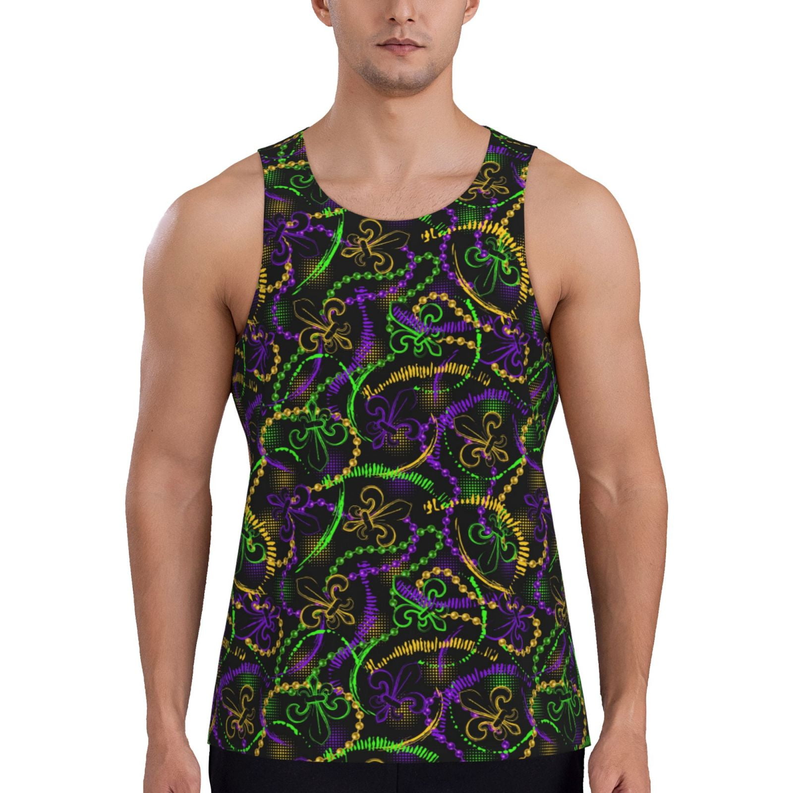 Qekee Neon Mardi Gras Print Men's Workout Tank Tops,Sleeveless Muscle ...