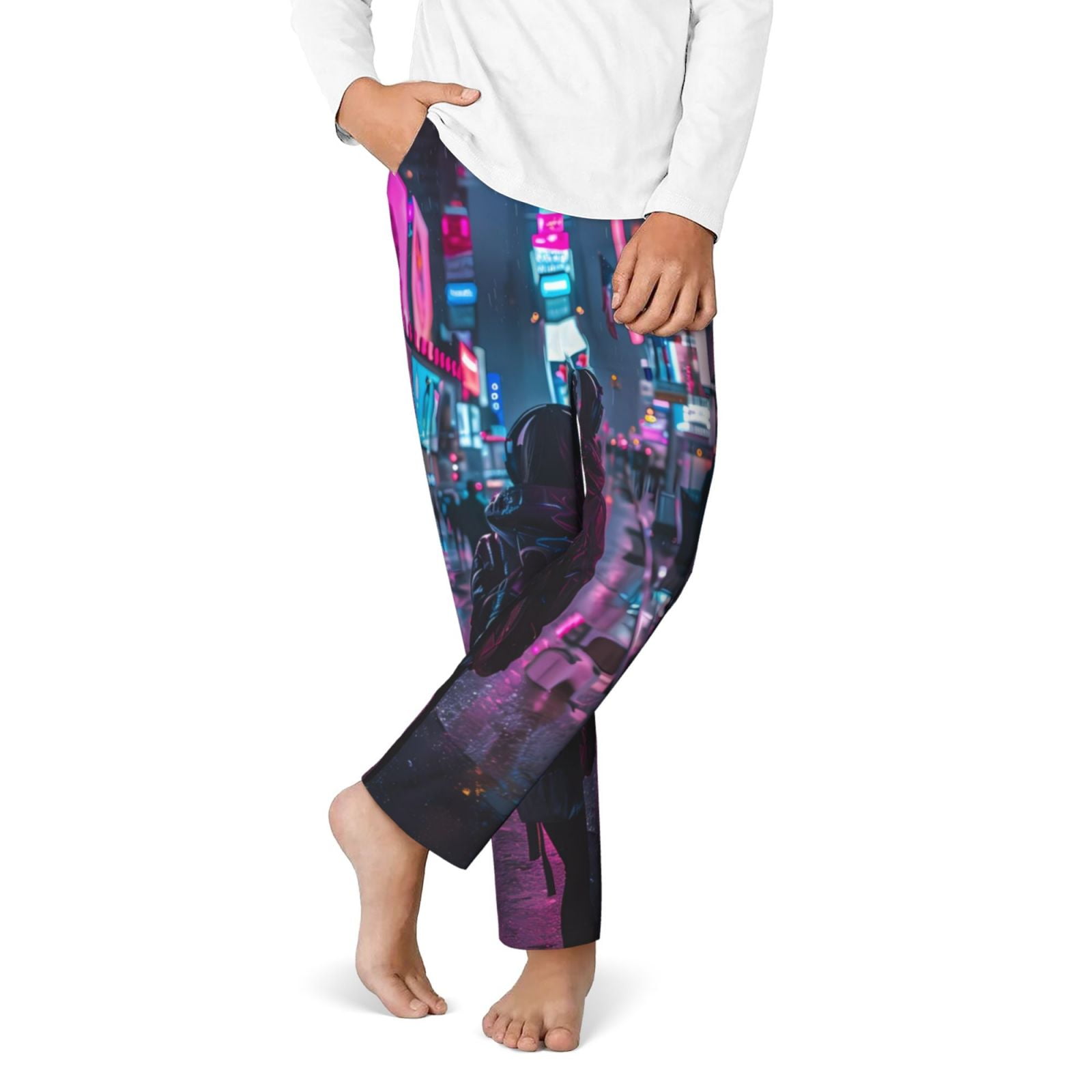 Qekee Neon Night Cityscape Print Kids Pajama Pants, Teenagers' Bottom ...