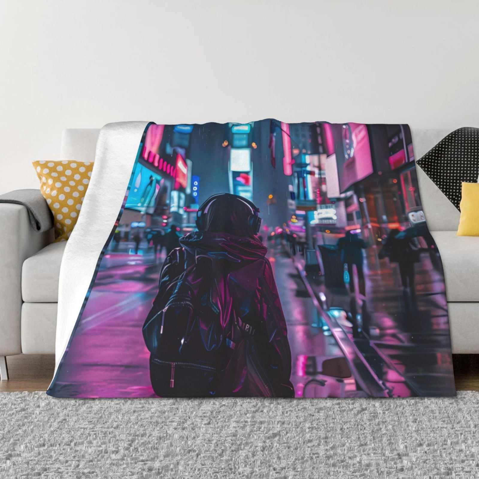 Qekee Neon Night Cityscape Print Throw Blanket, Flannel Home Decor, All ...
