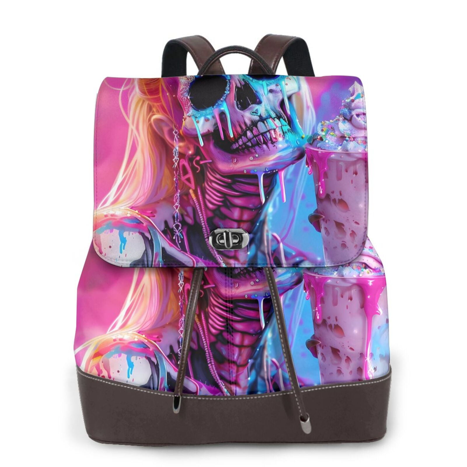 Qekee Neon Skull With Milkshake Print Leather Backpack Purse for Women ...