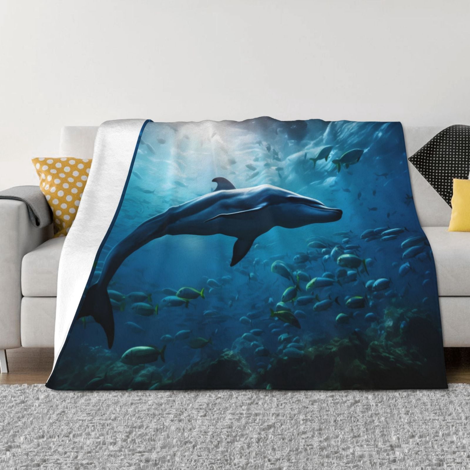 Qekee Ocean Dolphin Fish School print Throw Blanket, Cotton Flannel ...