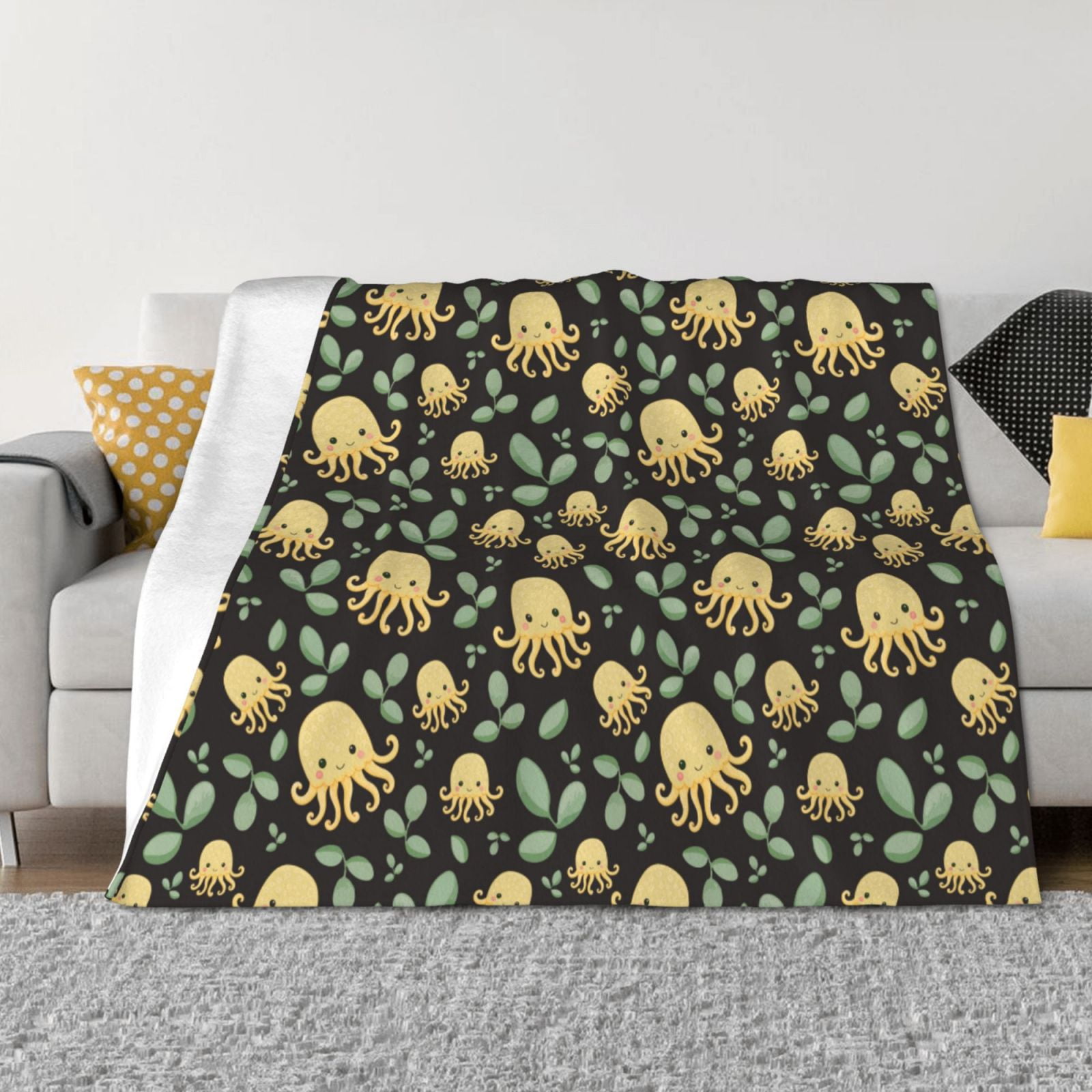 Qekee Octopuses And Leaves print Throw Blanket, Cotton Flannel Home ...