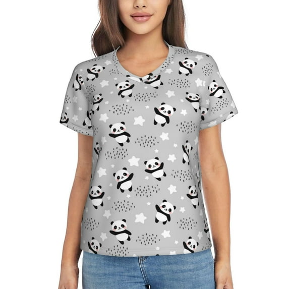 Qekee Pandas Between Clouds and Stars for Women's V Neck T Shirts Half ...