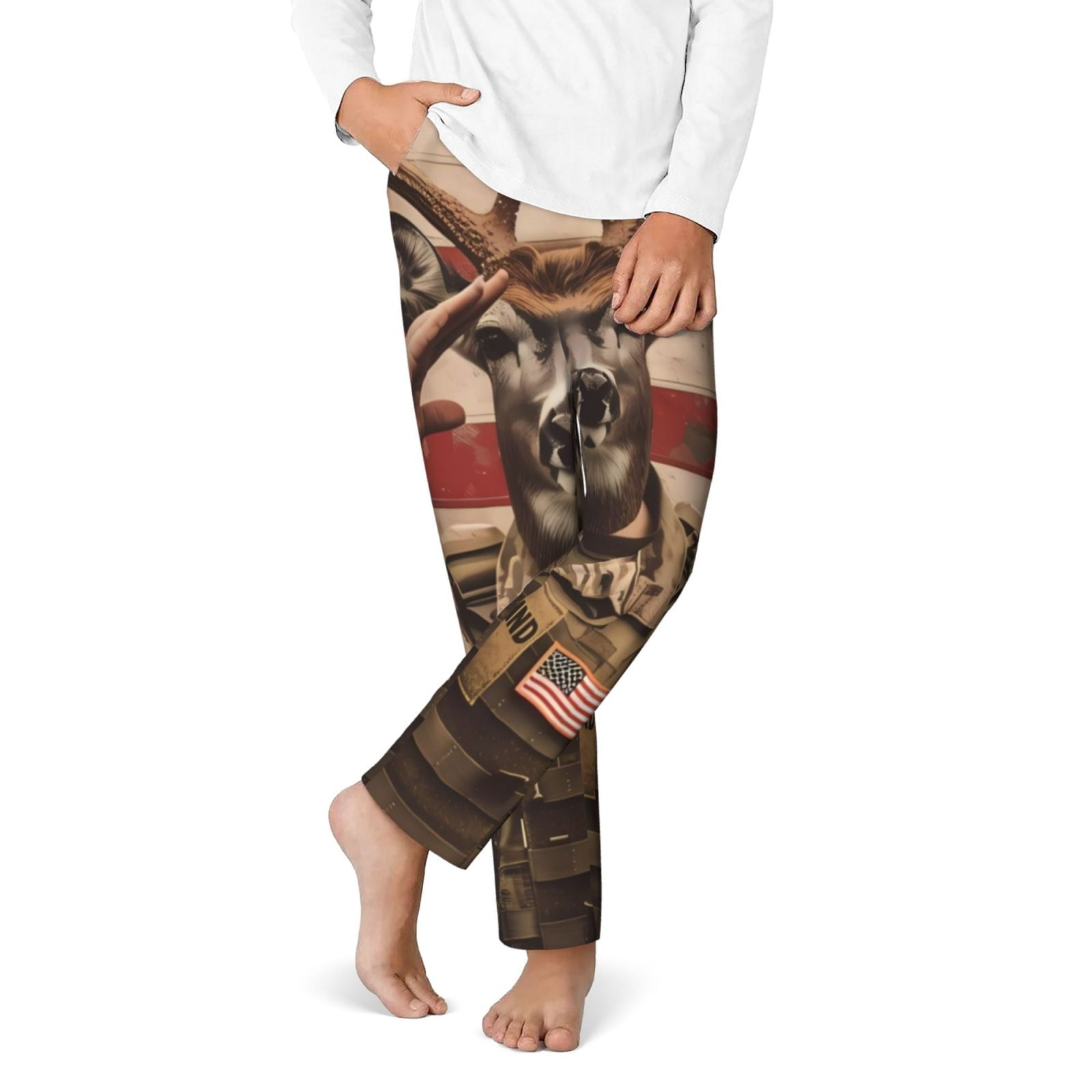 Qekee Patriotic Deer Soldier Salute Print Kids Pajama Pants, Teenagers ...