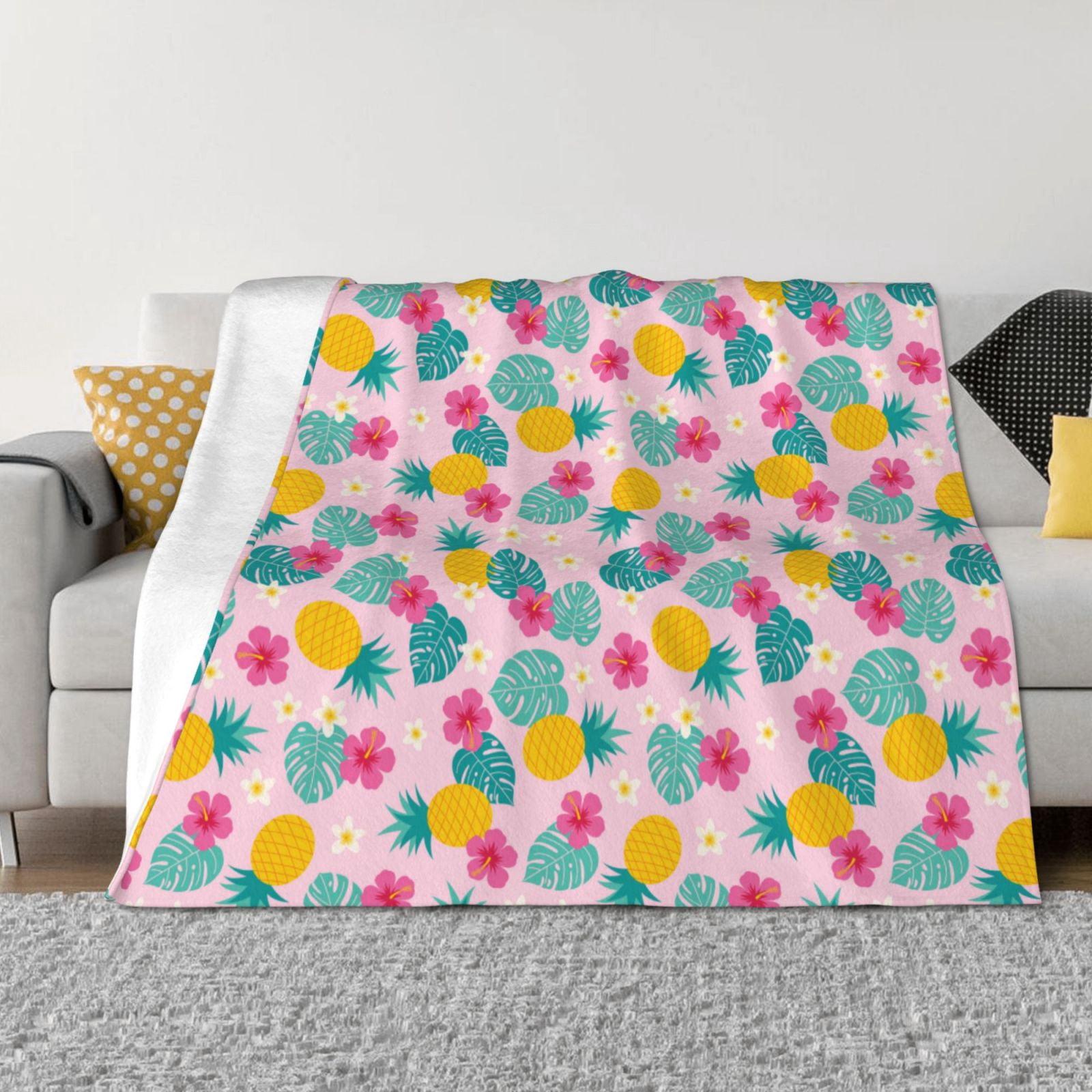 Qekee Pineapple And Leaves print Throw Blanket, Cotton Flannel Home ...