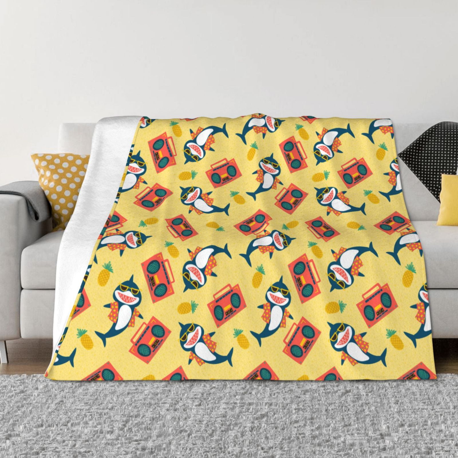 Qekee Pineapples Sharks In Hawaiian print Throw Blanket, Cotton Flannel ...