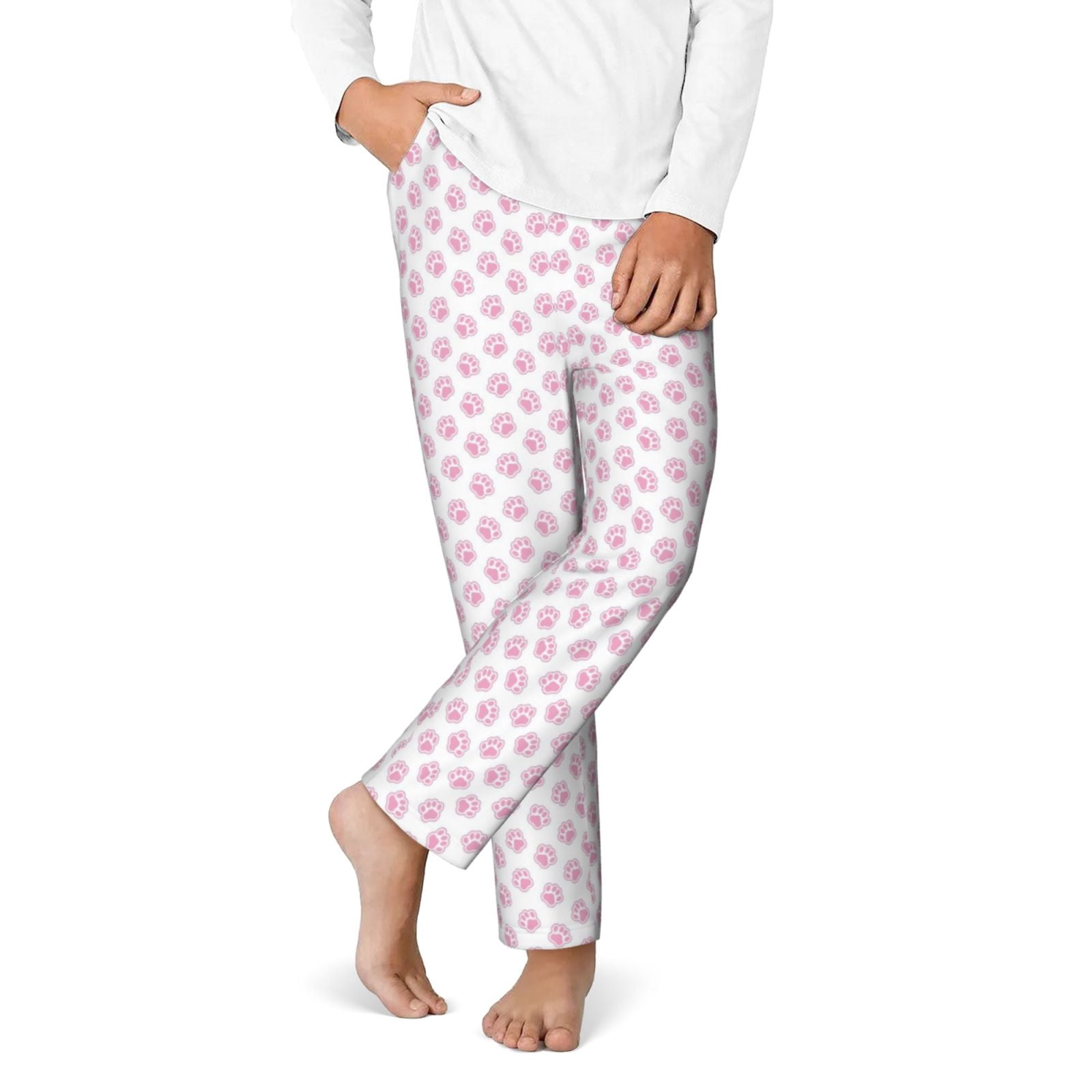 Qekee Pink Paw Print Kids Pajama Pants, Teenagers' Bottom Sweatpants ...