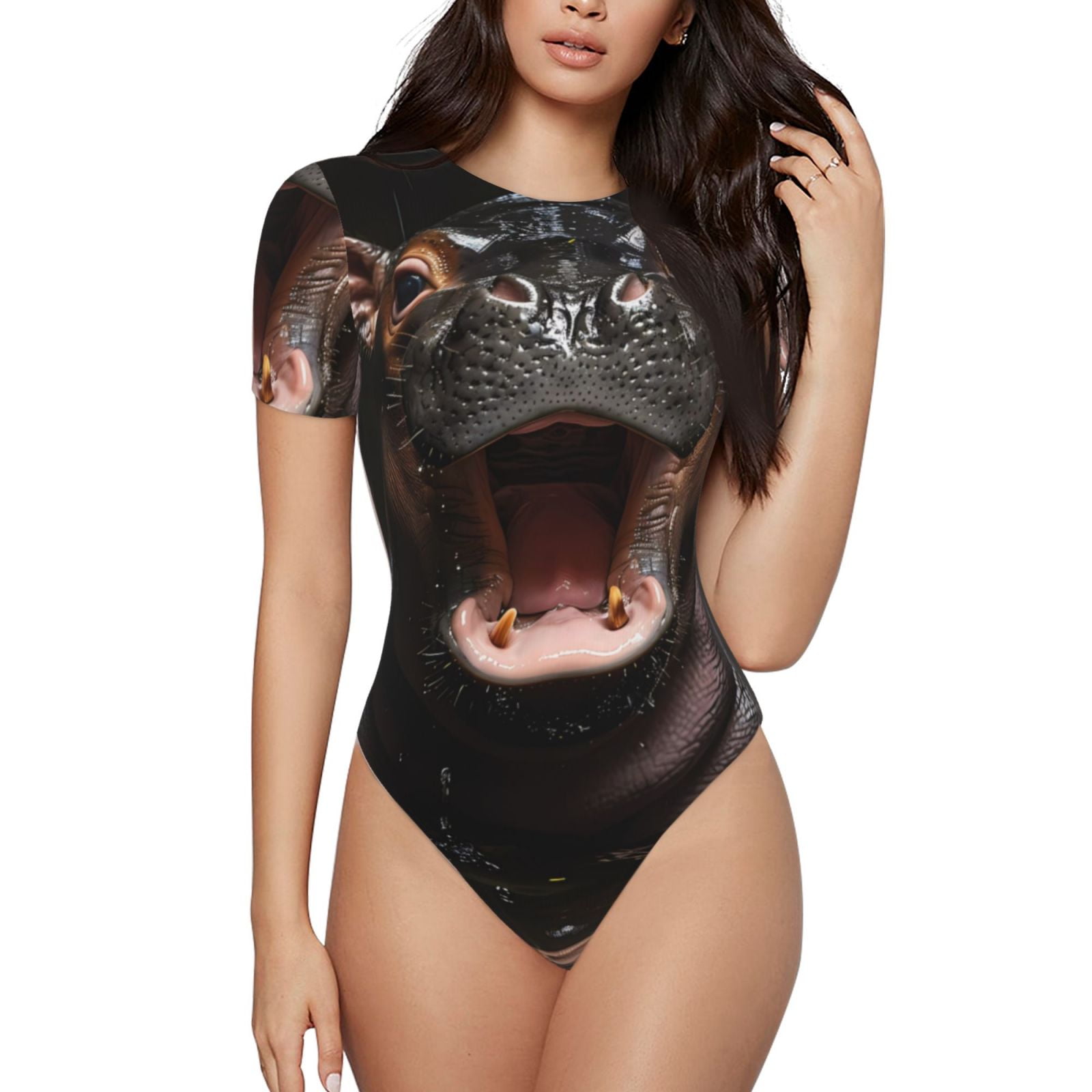 Qekee Playful Baby Hippo Splash for Women's Crew Neck Body Suits, Short Sleeve Bodysuit, Basic ...