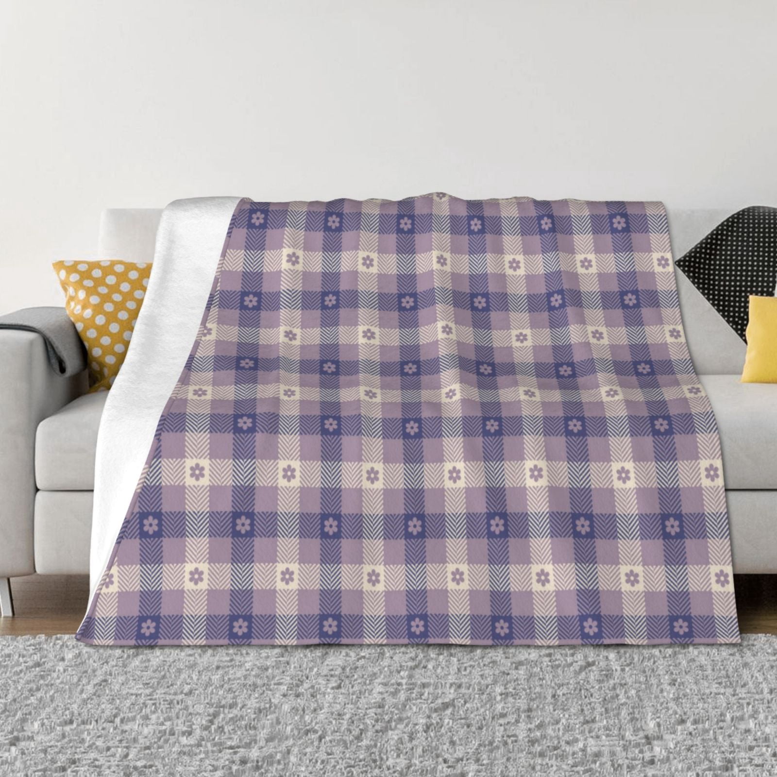 Qekee Purple Floral Gingham Check Plaid print Throw Blanket, Cotton ...
