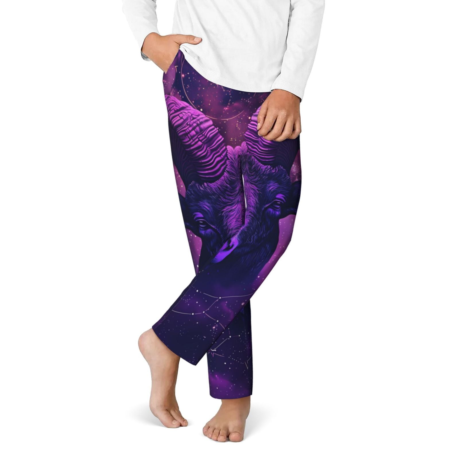 Qekee Purple Starry Sky Antelope Print Kids Pajama Pants, Teenagers ...