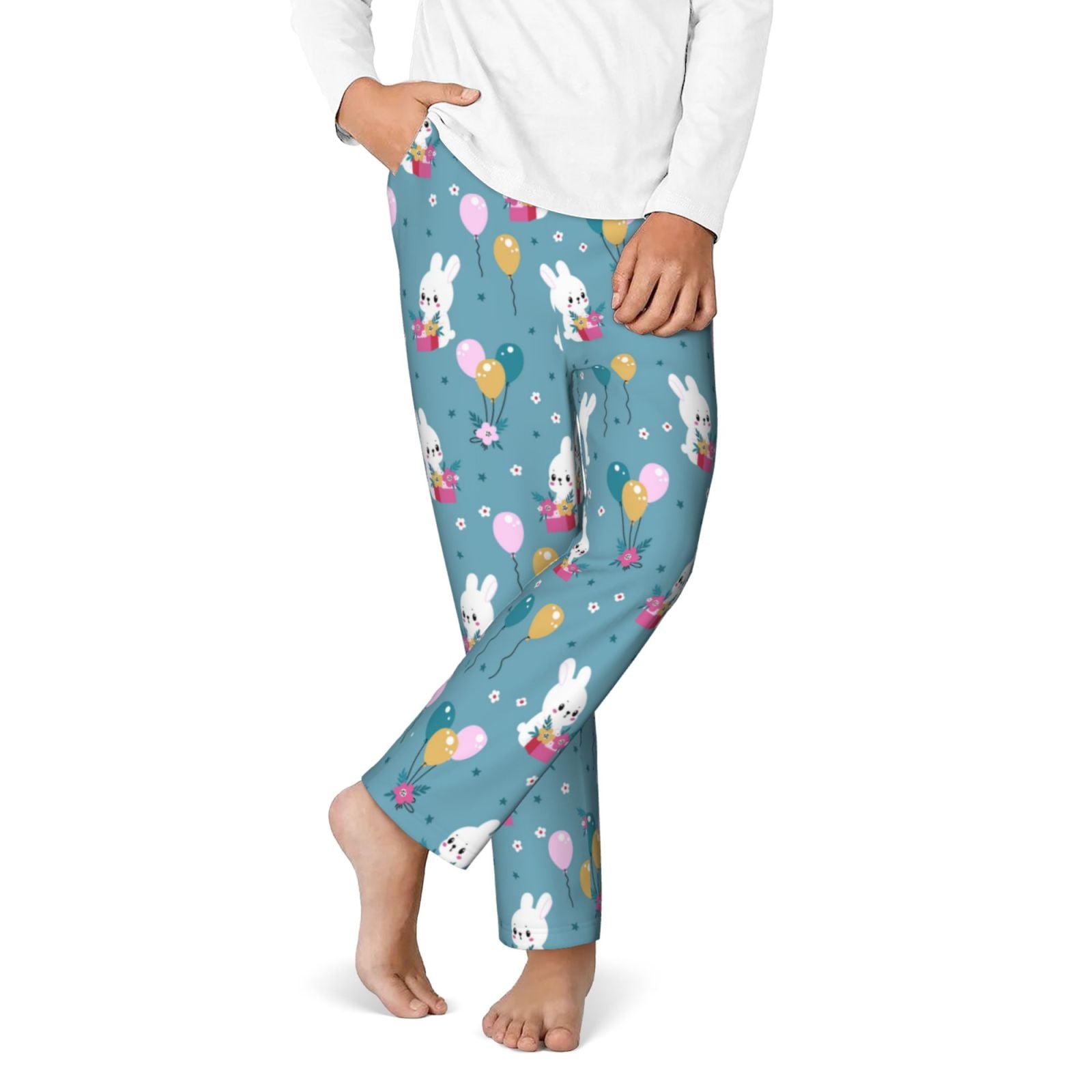 Qekee Rabbit And Balloon Print Kids Pajama Pants, Teenagers' Bottom ...