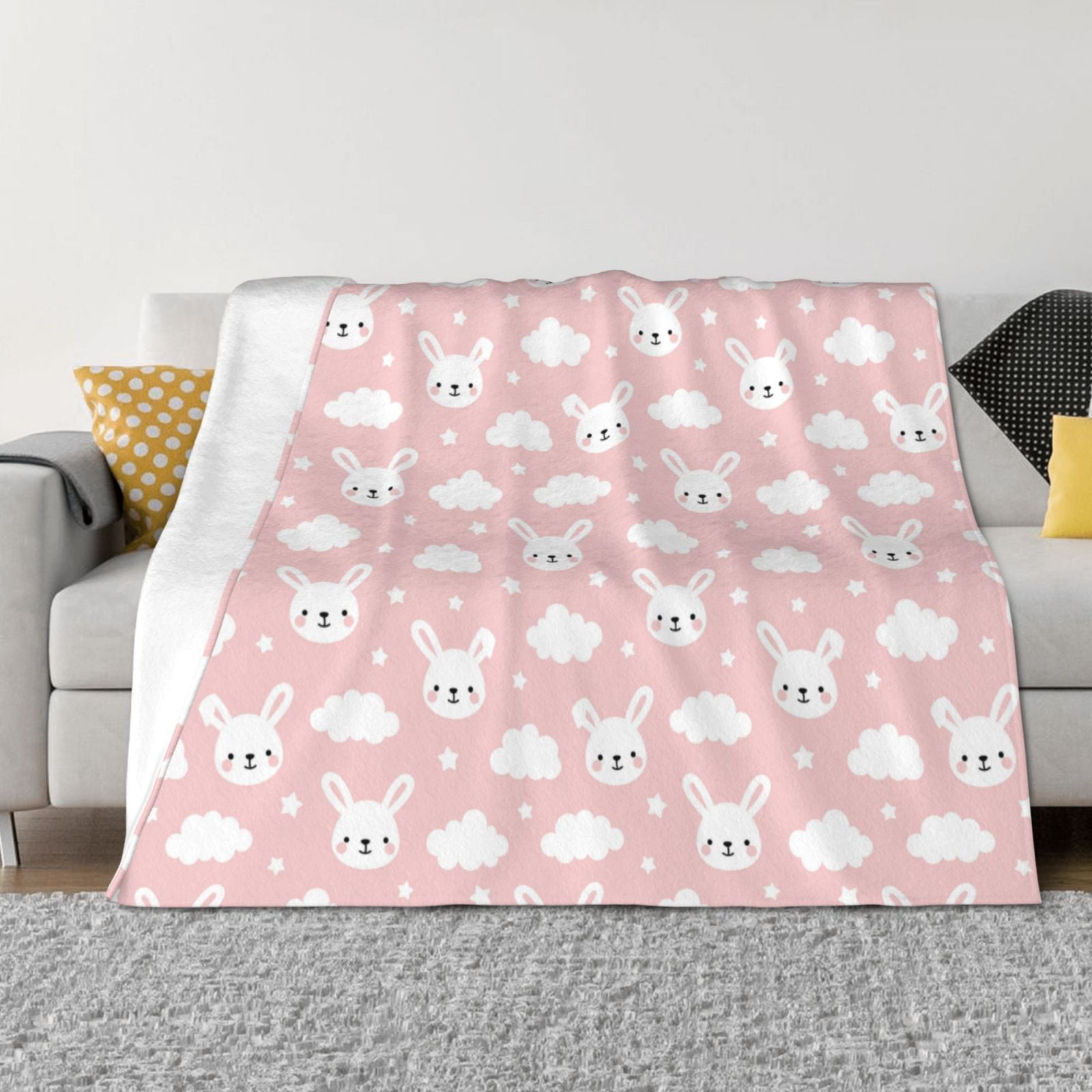 Qekee Rabbit And Cloud print Throw Blanket, Cotton Flannel Home Decor ...