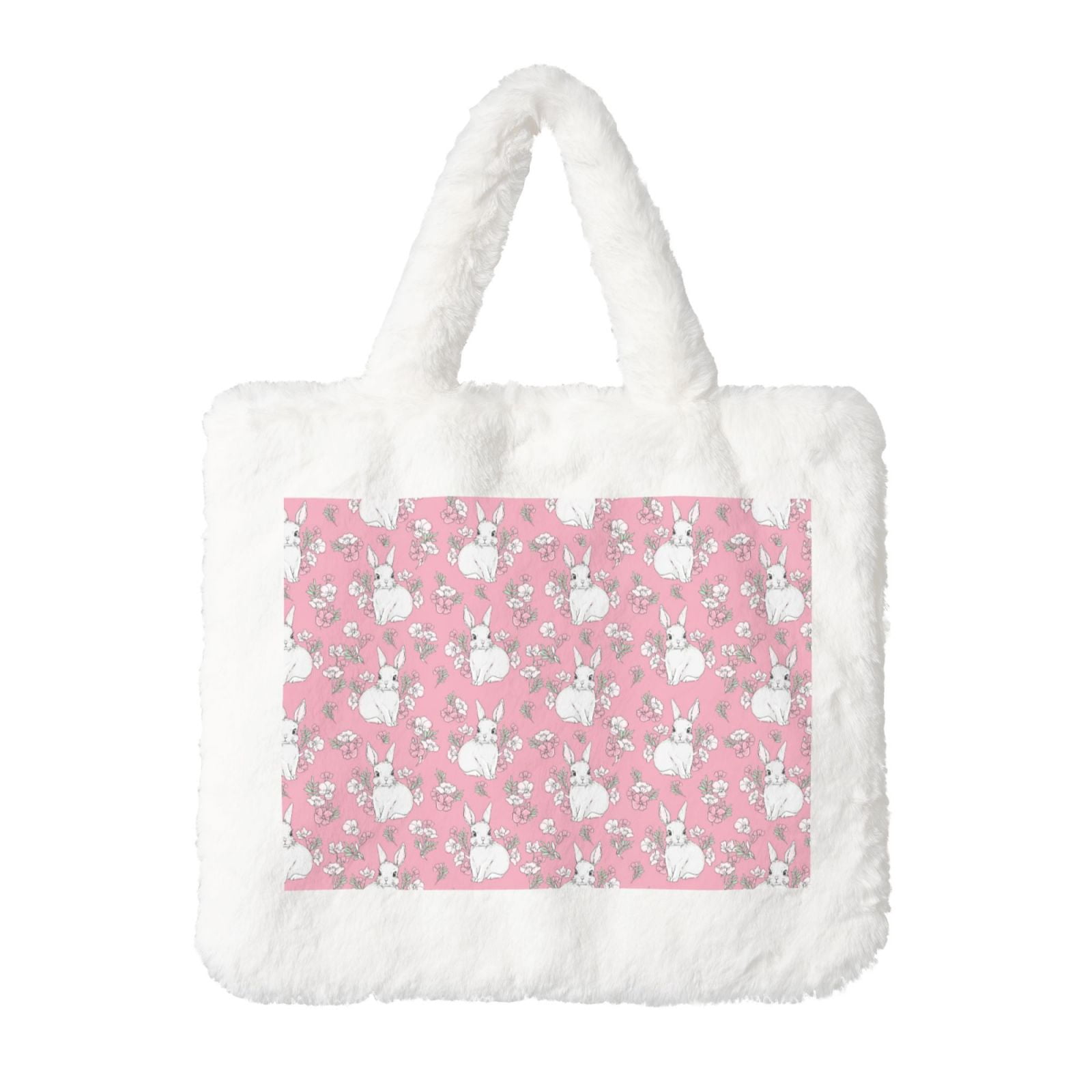 Qekee Rabbit And Flower Print Plush Underarm Bag, Ladies Fluffy ...