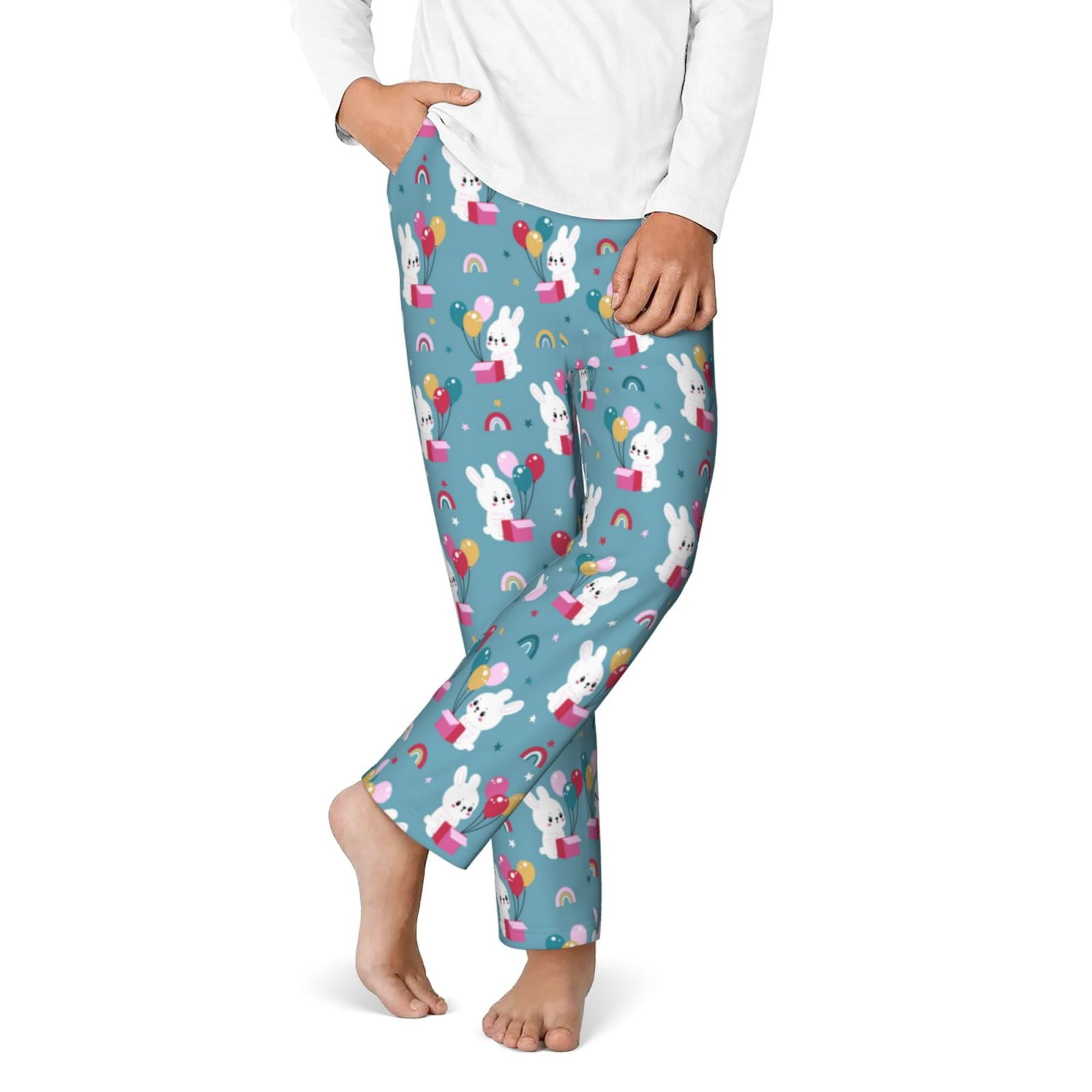 Qekee Rabbit And Rainbow Print Kids Pajama Pants, Teenagers' Bottom ...