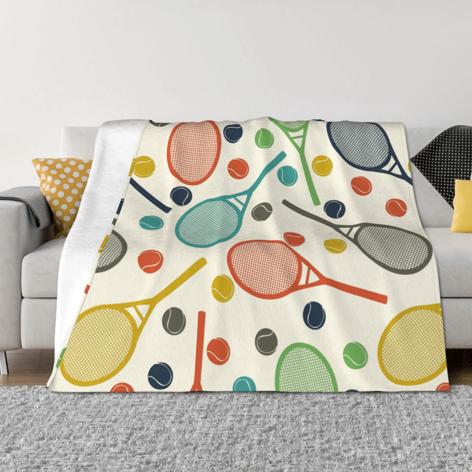 Qekee Racket and Tennis Ball print Throw Blanket, Cotton Flannel Home ...