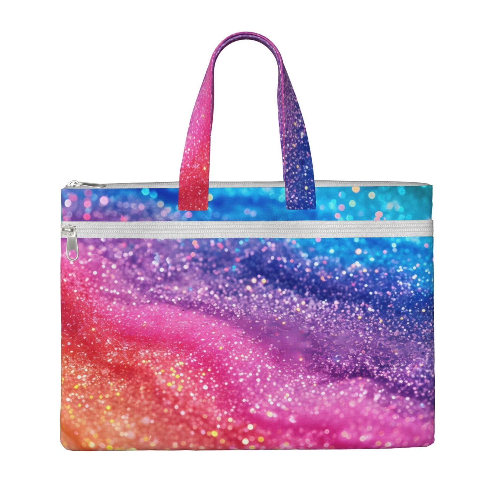 Qekee Rainbow Glitter Cute Print Canvas Tote Bag Zippered,Zipper File ...