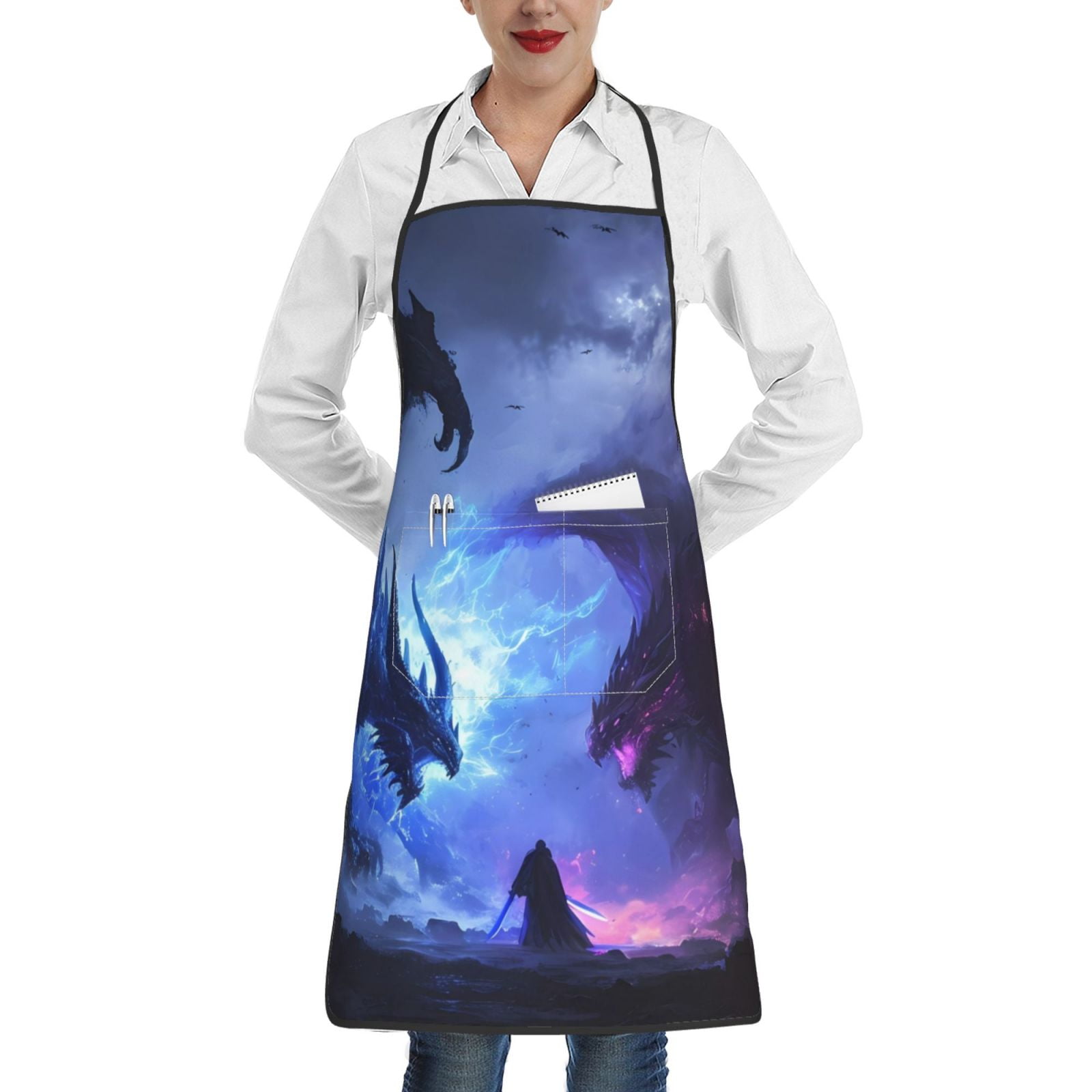 Qekee Red And Blue Fire Dragon Print Adjustable Bib Apron Resistant ...