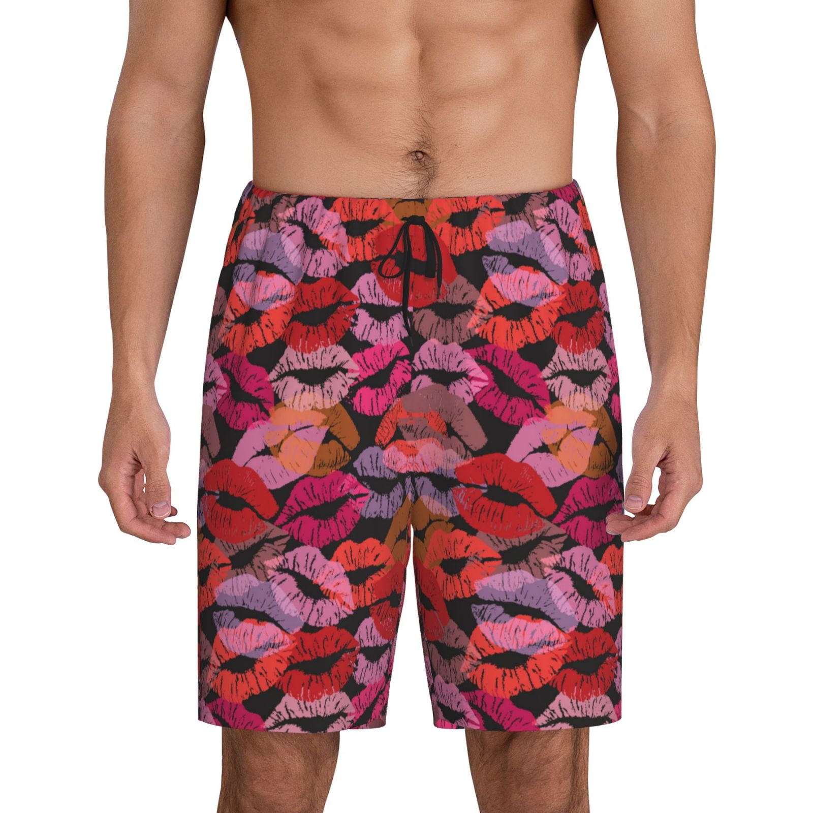 Qekee Red Lips Kissing Print Mens Pajama Shorts,Men's Lounge Pant ,Sleep Bottoms with Pockets ...