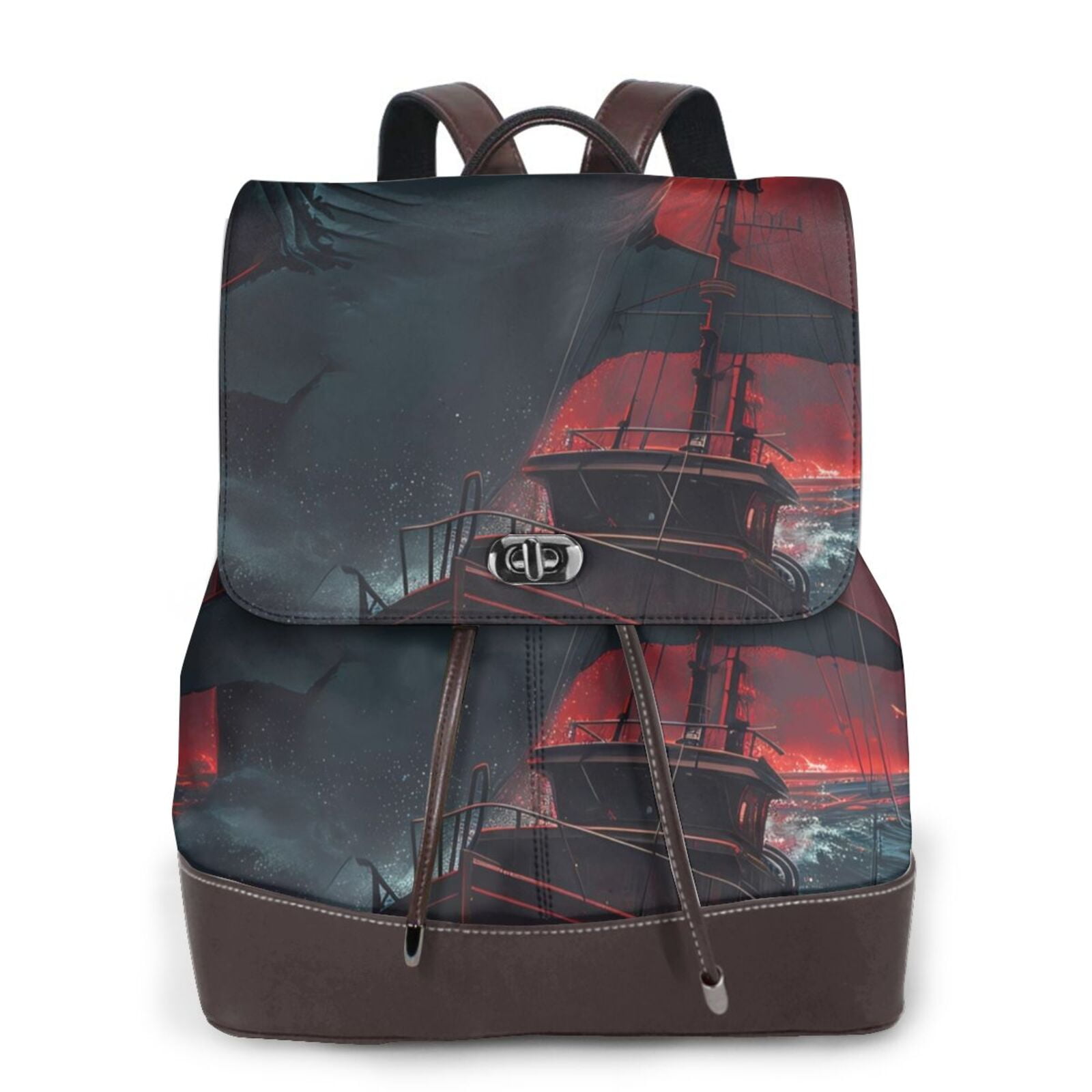 Qekee Red Moon Shark Sailboat Print Leather Backpack Purse for Women ...