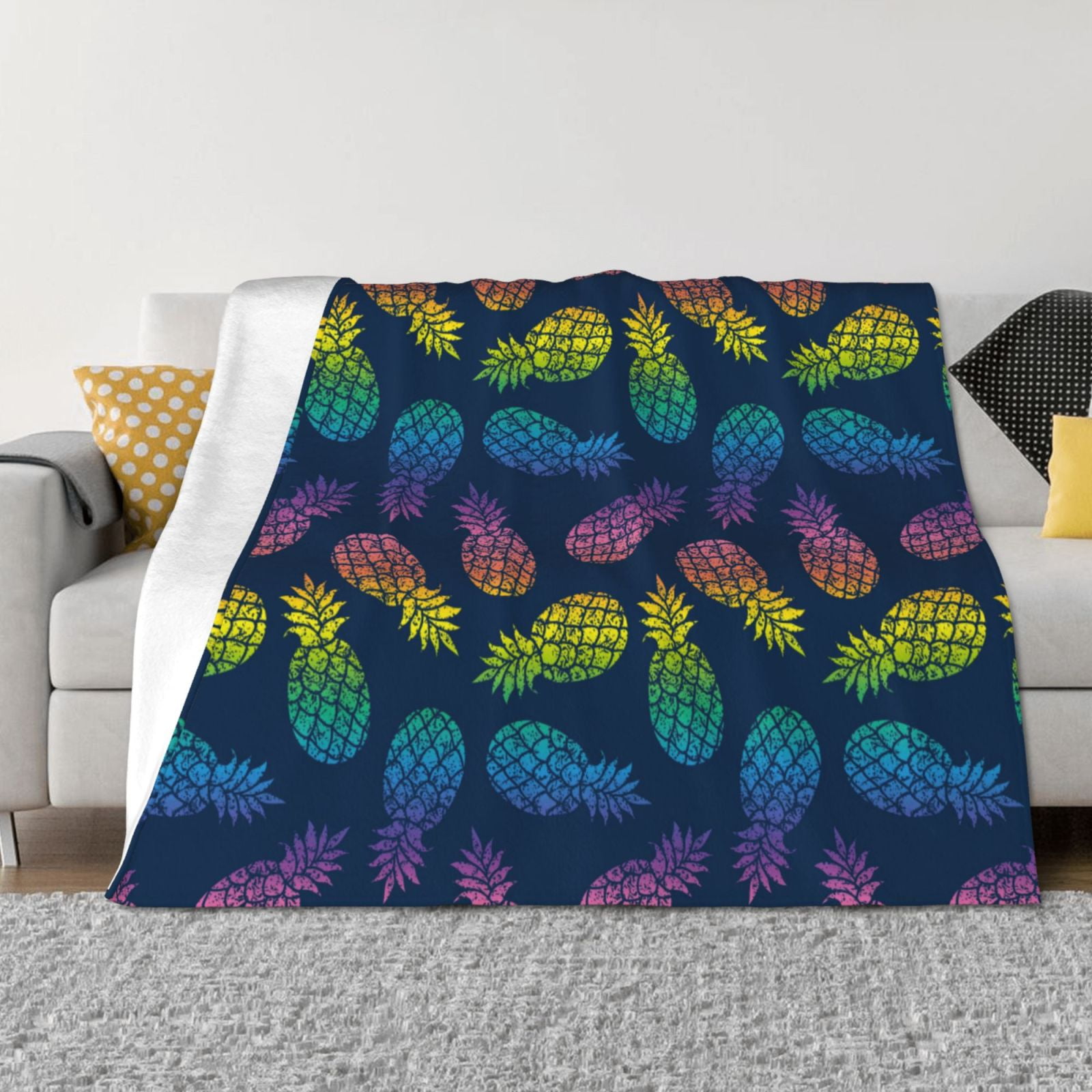 Qekee Retro Bright Pineapple print Throw Blanket, Cotton Flannel Home ...