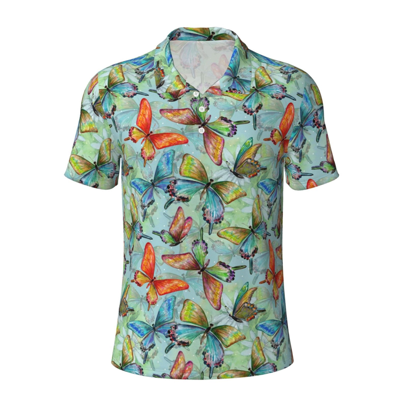 Qekee Retro Flying Butterflies for Mens Polo Shirts Casual Short Sleeve Button Down Polo Shirt ...