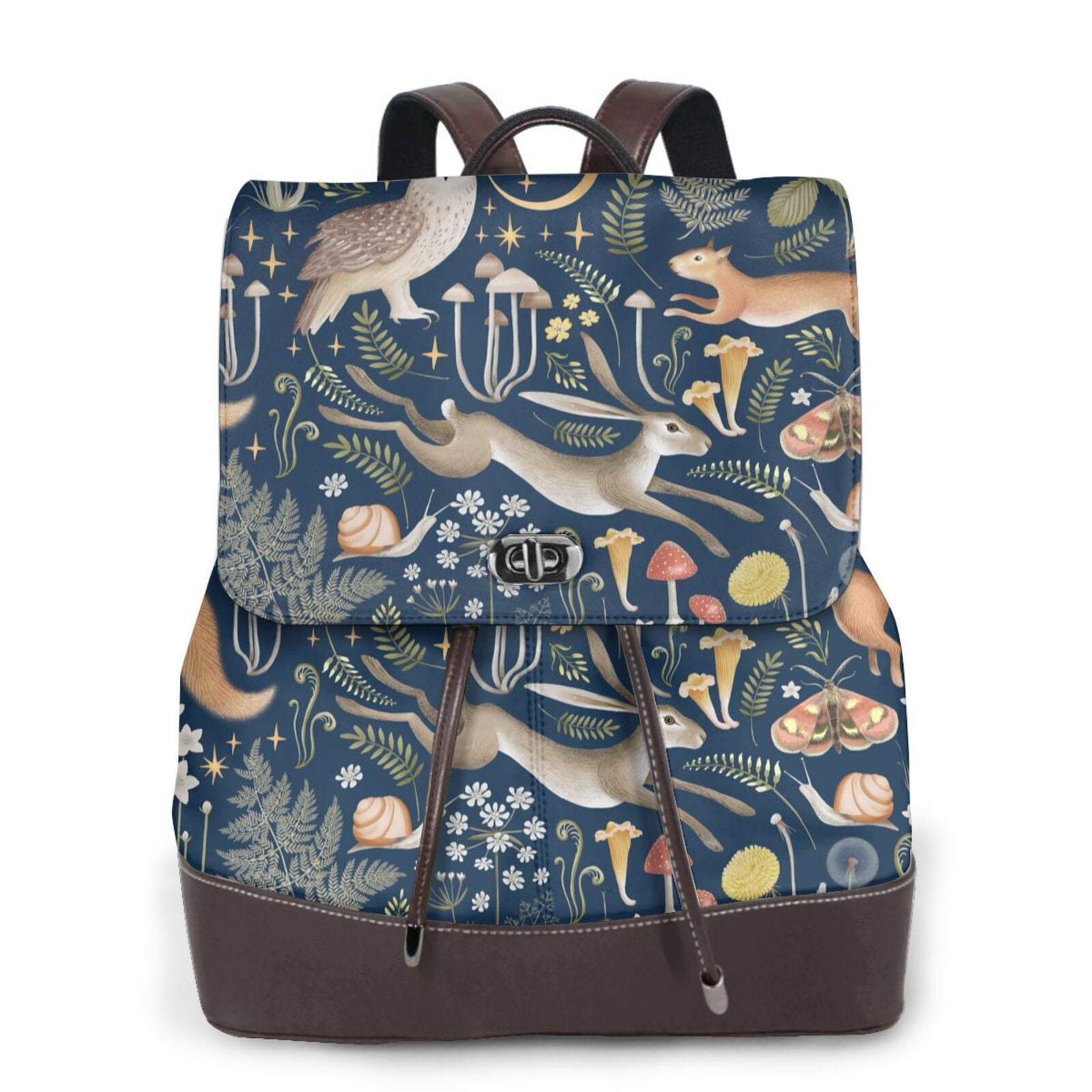 Qekee Retro Forest Animals Print Leather Backpack Purse for Women ...