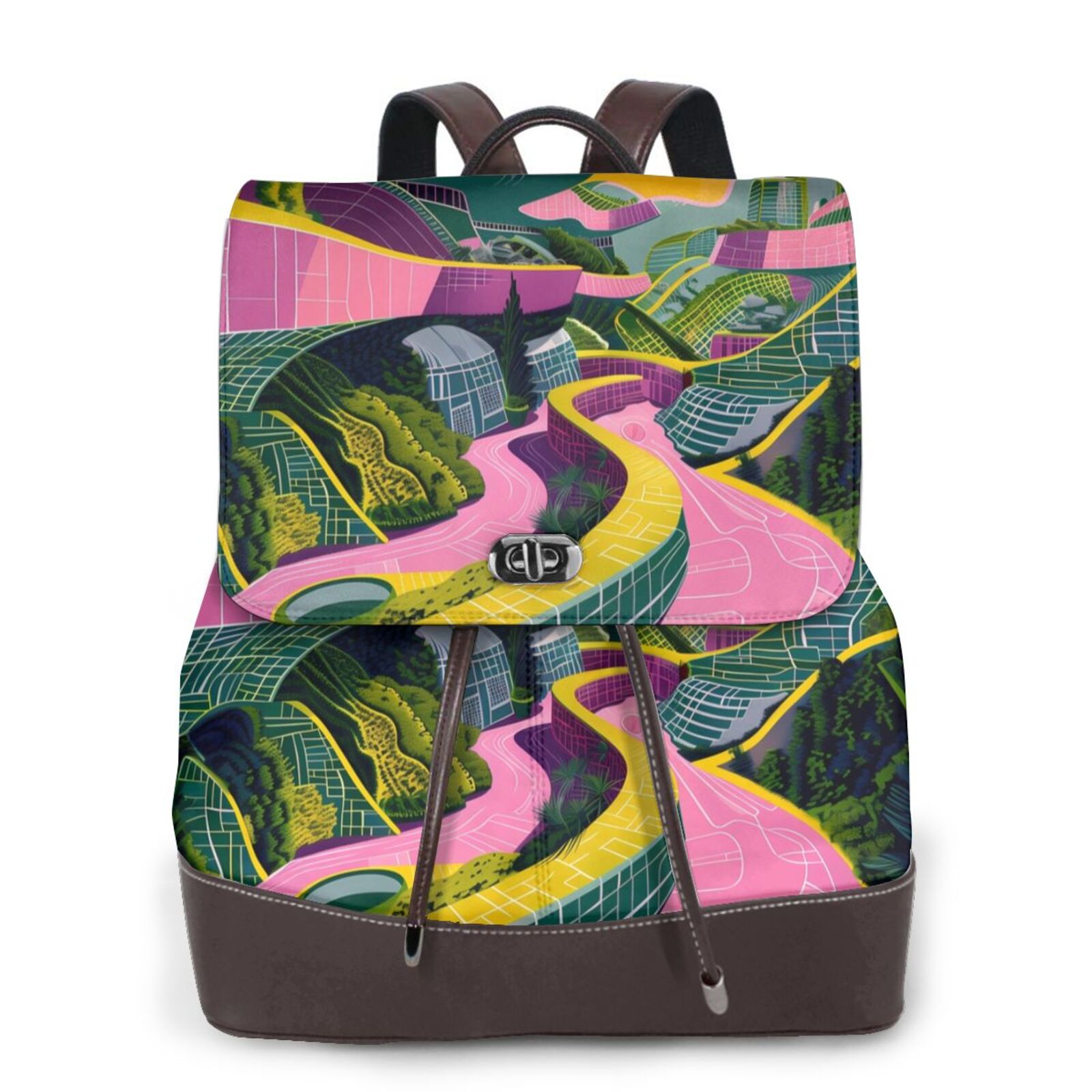 Qekee Retro Futuristic Landscape Print Leather Backpack Purse for Women ...