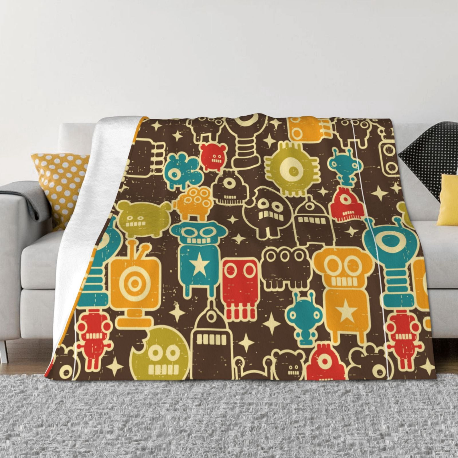 Qekee Robot and Monsters print Throw Blanket, Cotton Flannel Home Decor ...