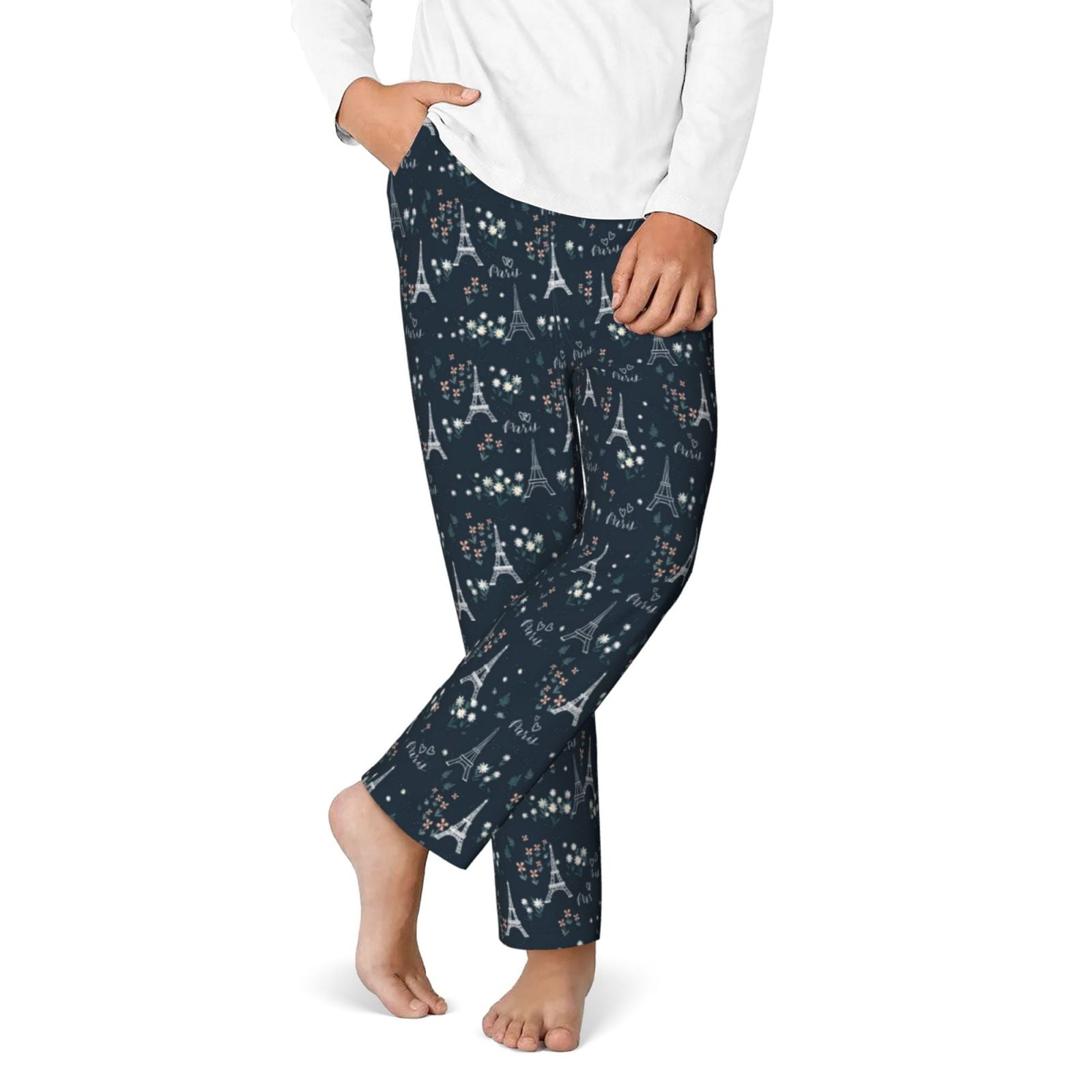 Qekee Romantic Eiffel Tower Print Kids Pajama Pants, Teenagers' Bottom ...