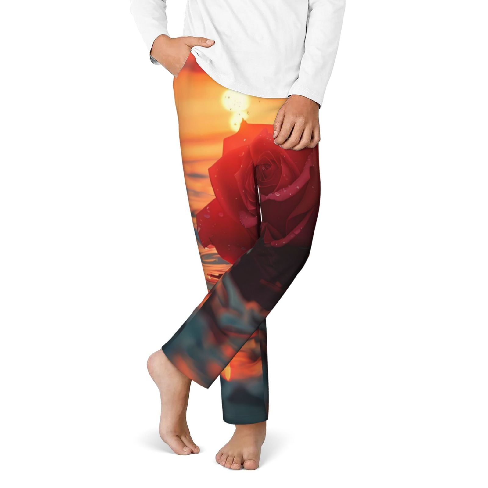Qekee Romantic Roses Sunset Ocean Print Kids Pajama Pants, Teenagers' Bottom Sweatpants with ...