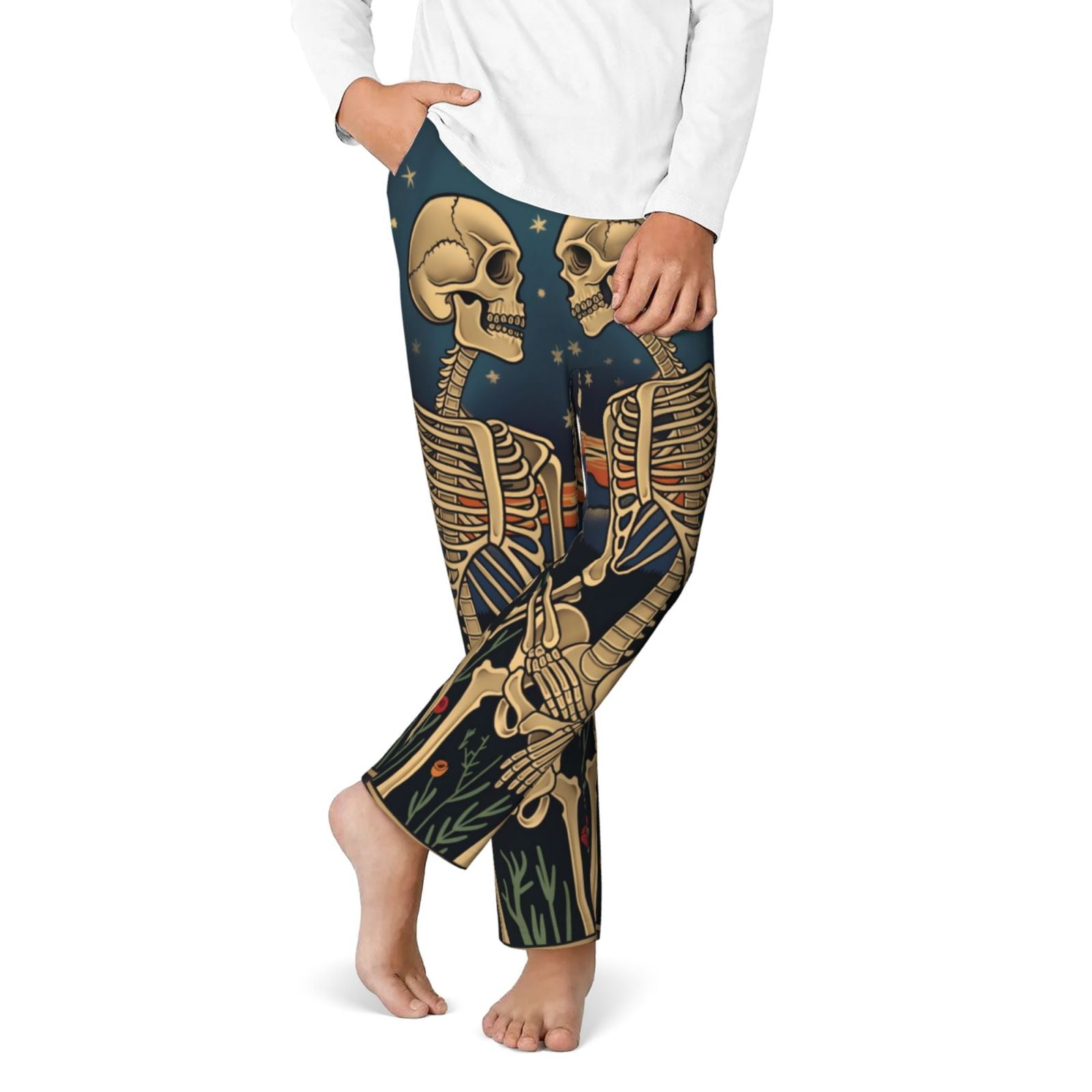 Qekee Romantic Skeletons Under Moon Print Kids Pajama Pants, Teenagers ...