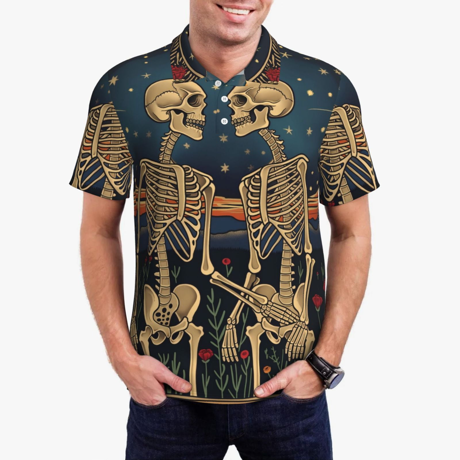 Qekee Romantic Skeletons Under Moon for Mens Polo Shirts Casual Short ...