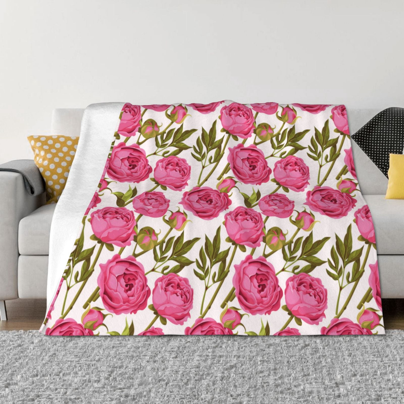 Qekee Rose Flowers print Throw Blanket, Cotton Flannel Home Decor, All ...