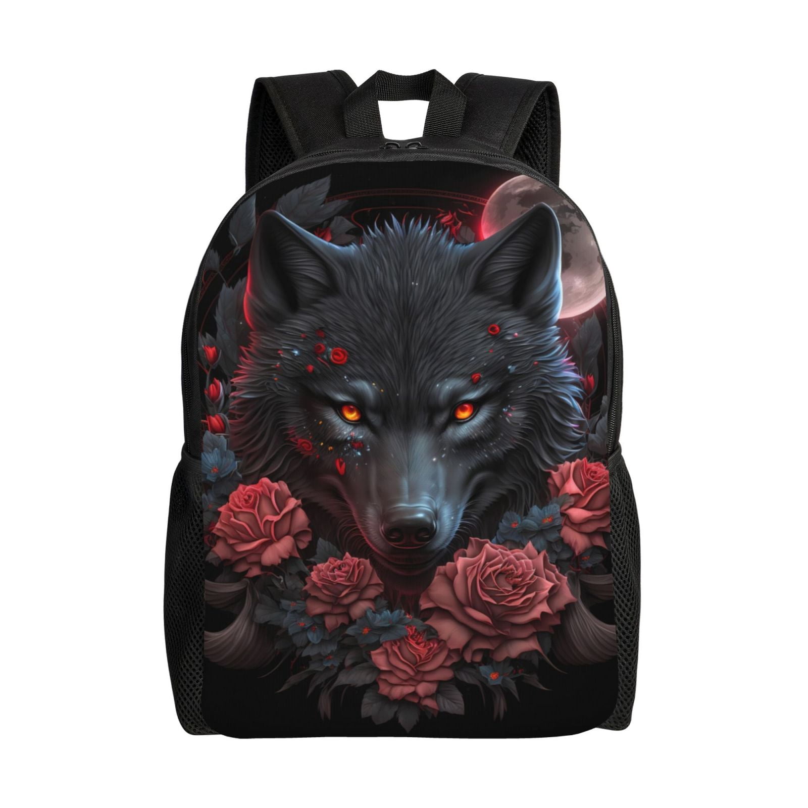 Qekee Rose Full Moon Black Wolf print Travel Backpack for women and men ...