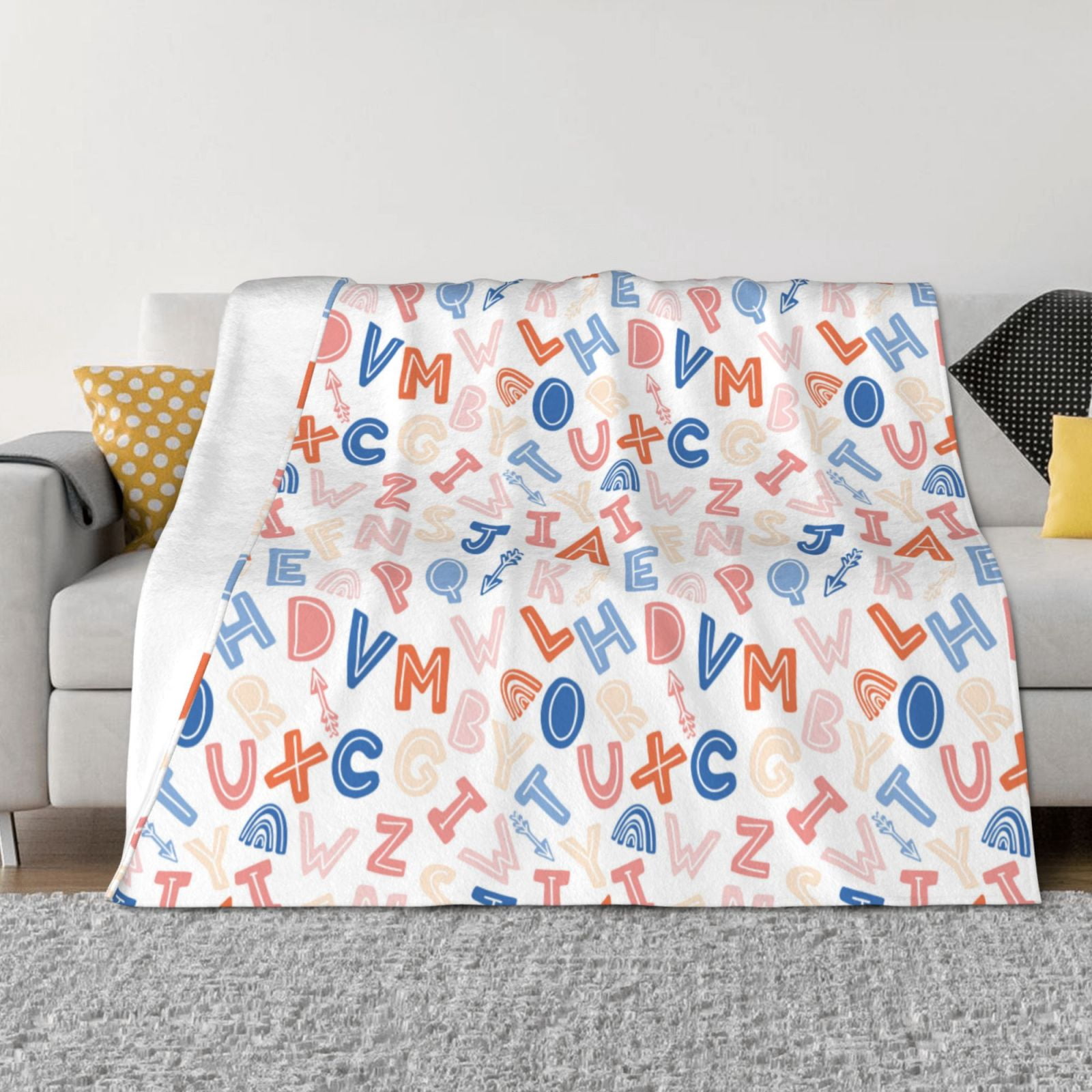 Qekee Scandinavian Alphabet print Throw Blanket, Cotton Flannel Home ...