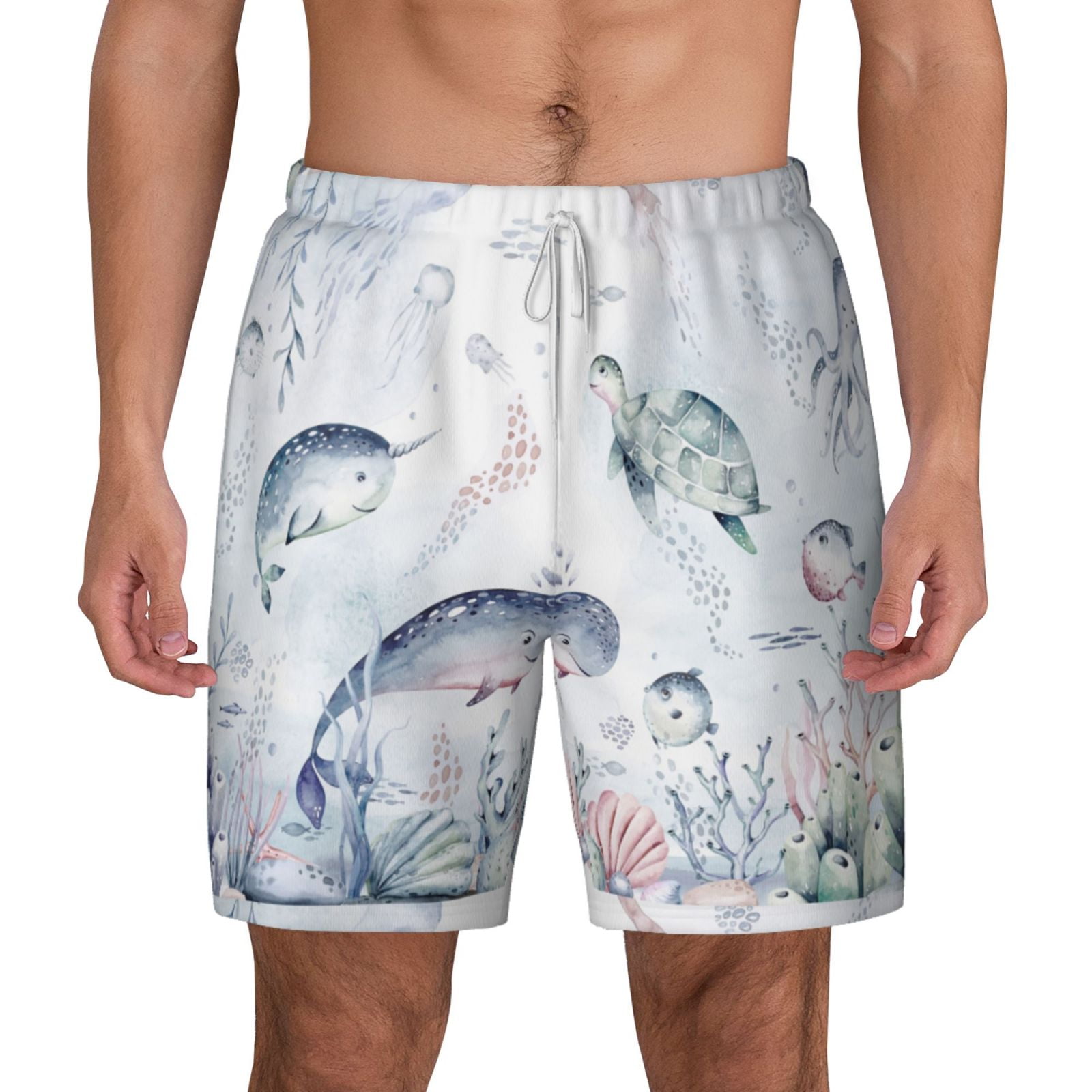 Qekee Sea Animals print Mens Swim Quick Dry Stretch Swim Shorts Lining ...