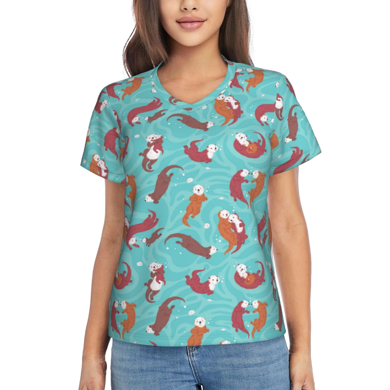 Qekee Sea Otters Family In Blue Water for Women's V Neck T Shirts Half ...