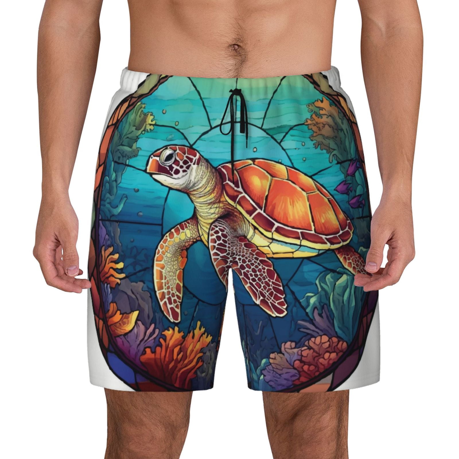 Qekee Sea Turtle in Coral print Mens Swim Quick Dry Stretch Swim Shorts ...