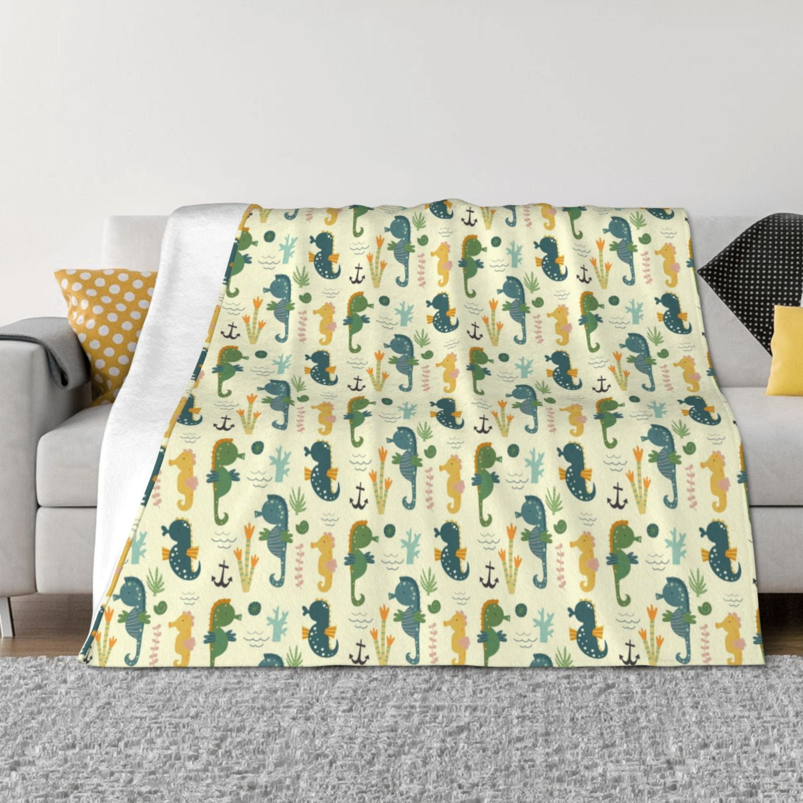 Qekee Seahorse print Throw Blanket, Cotton Flannel Home Decor, All ...
