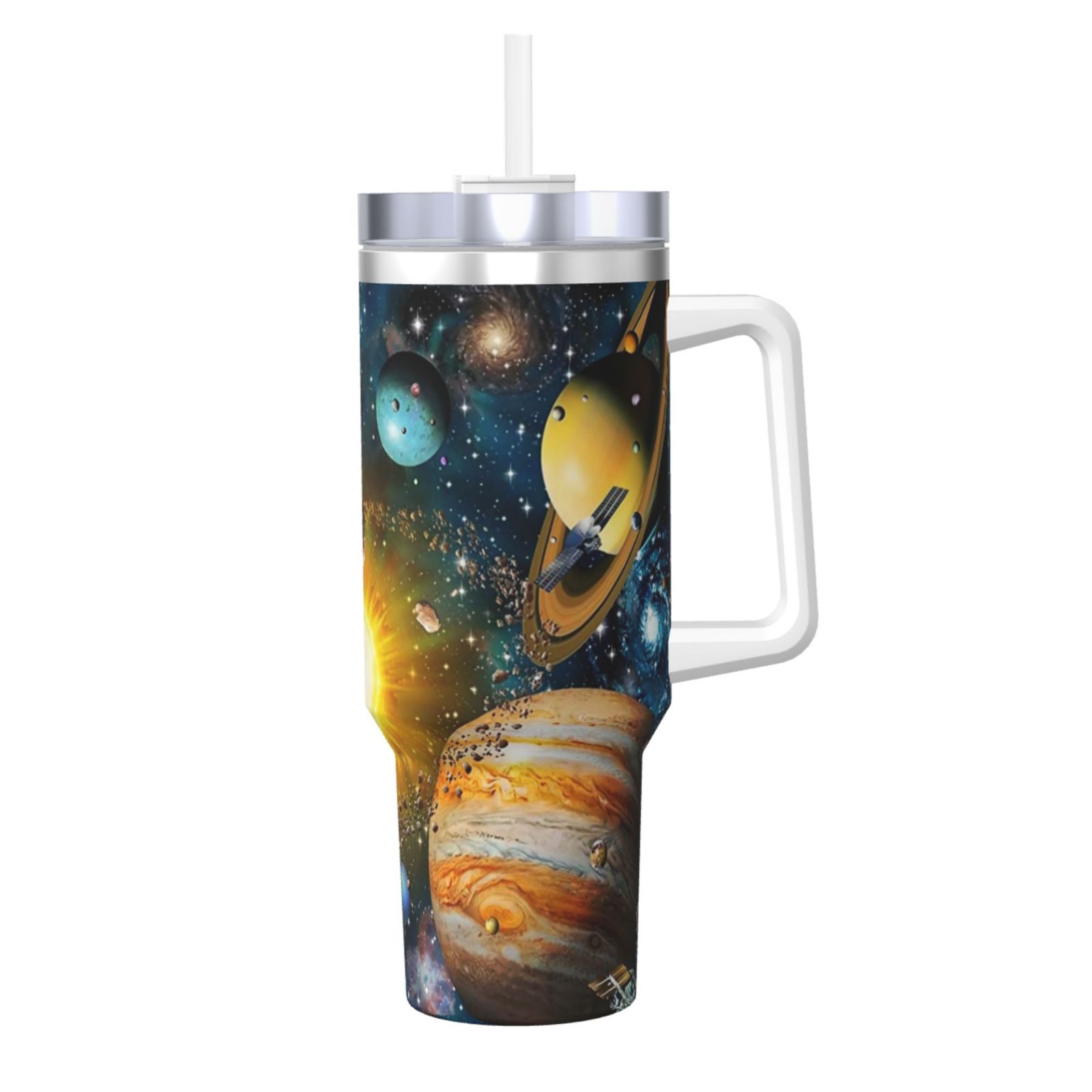Qekee Space Planet Print 40 OZ Large Capacity Ice Bully Cup With Handle and Straw,Double-Layer ...