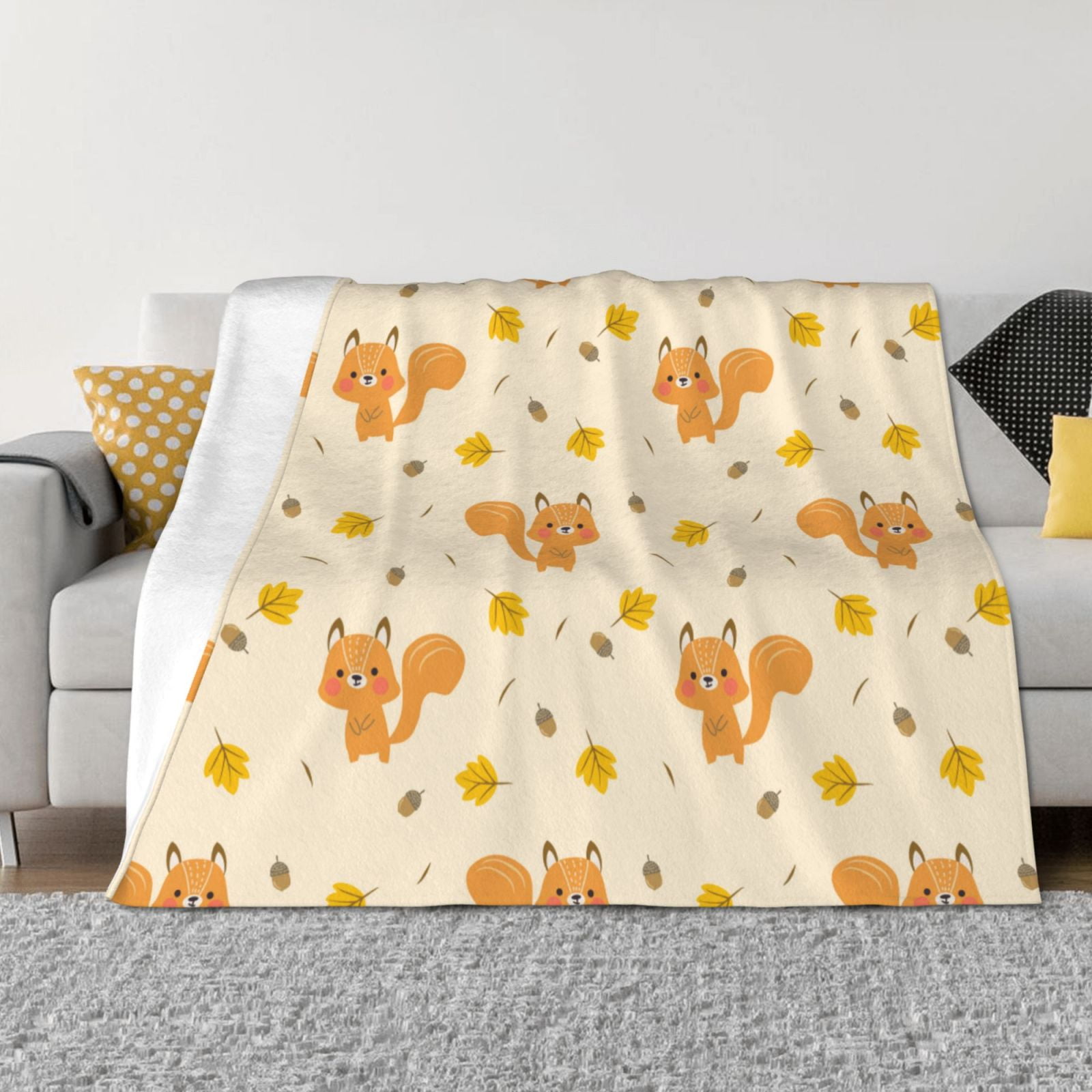 Qekee Squirrel And Leaves print Throw Blanket, Cotton Flannel Home ...