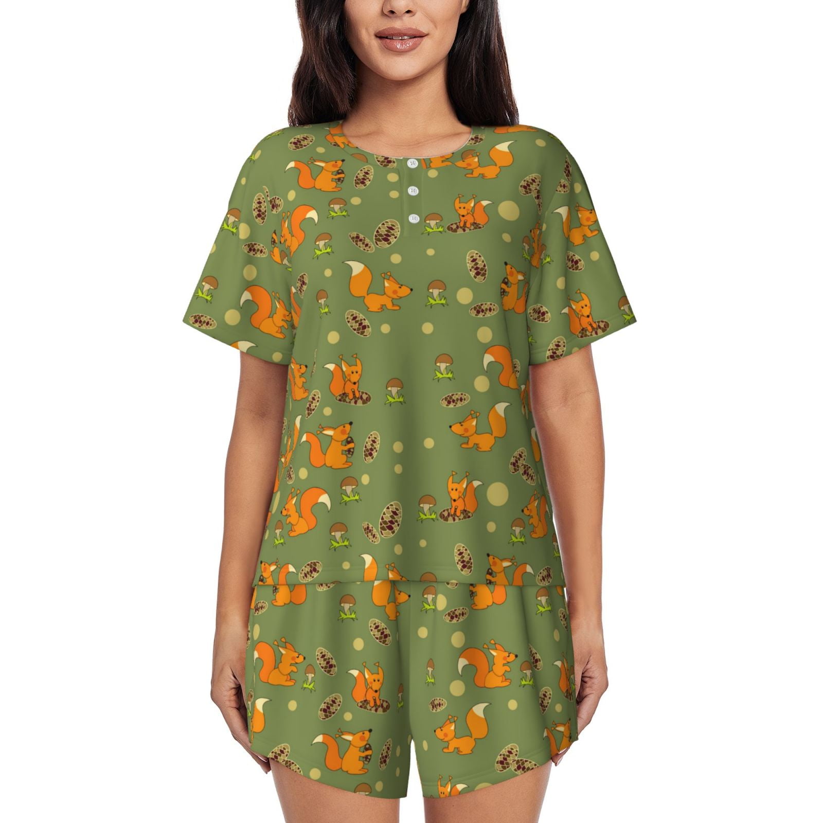Qekee Squirrel And Nuts Women's Pajama Set Short Sleeve Sleepwear ...