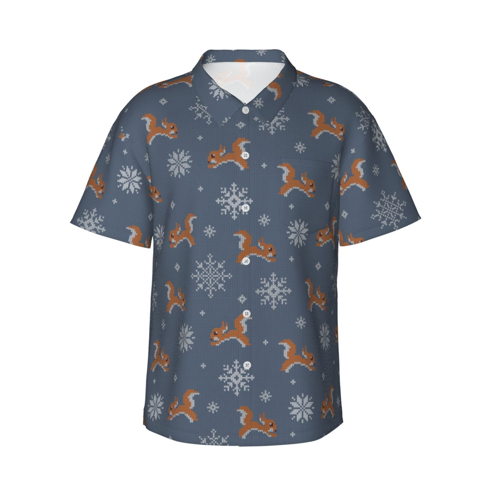 Qekee Squirrel And Snowflakes print Hawaiian Shirt for Men Short Sleeve ...