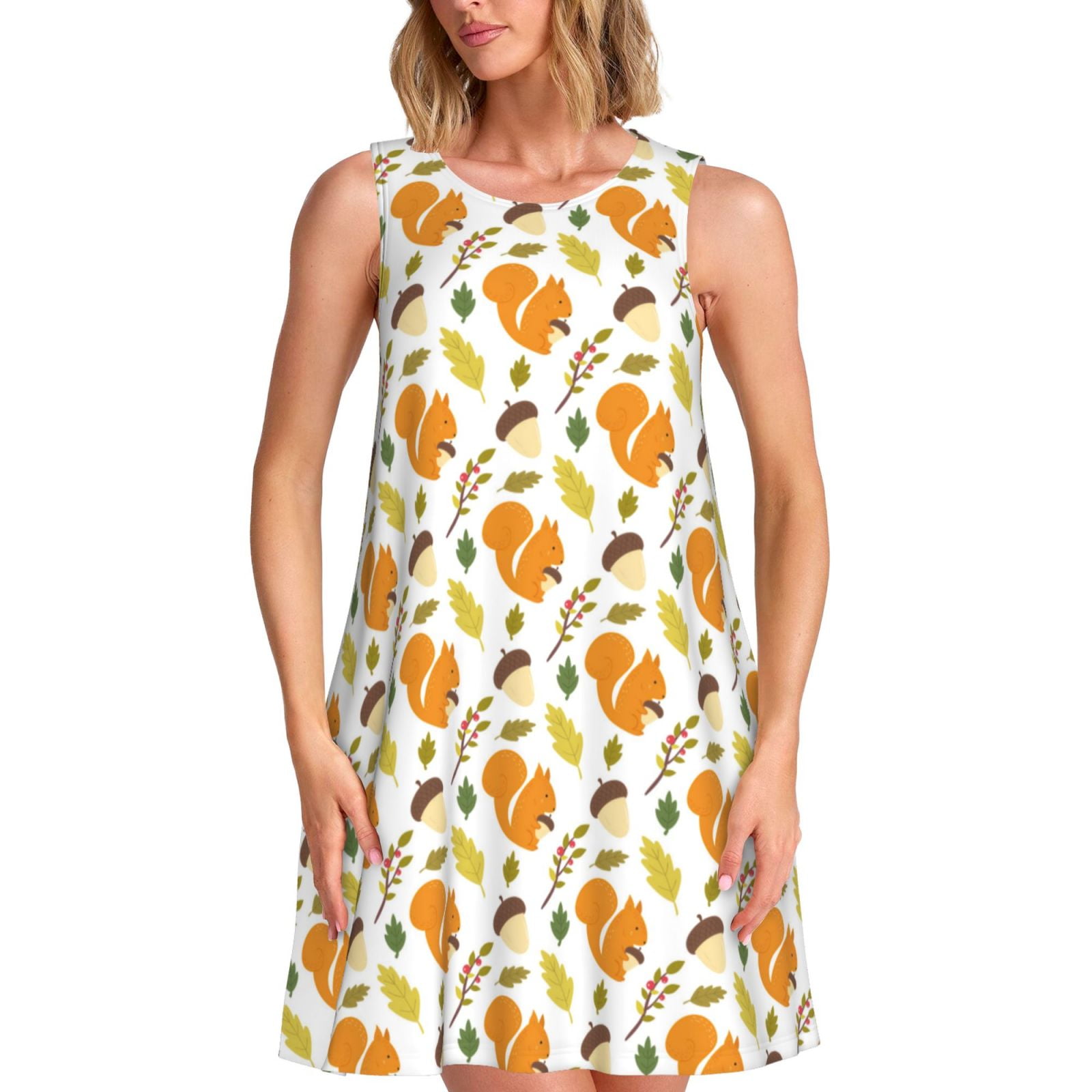 Qekee Squirrel Eating Nuts Print Women's Summer Tank Dress with Pockets ...