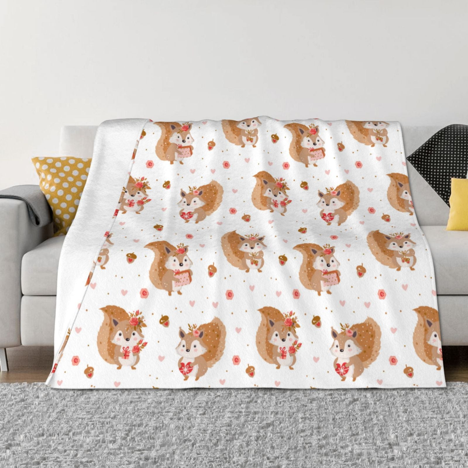 Qekee Squirrel Giving A Gift print Throw Blanket, Cotton Flannel Home ...